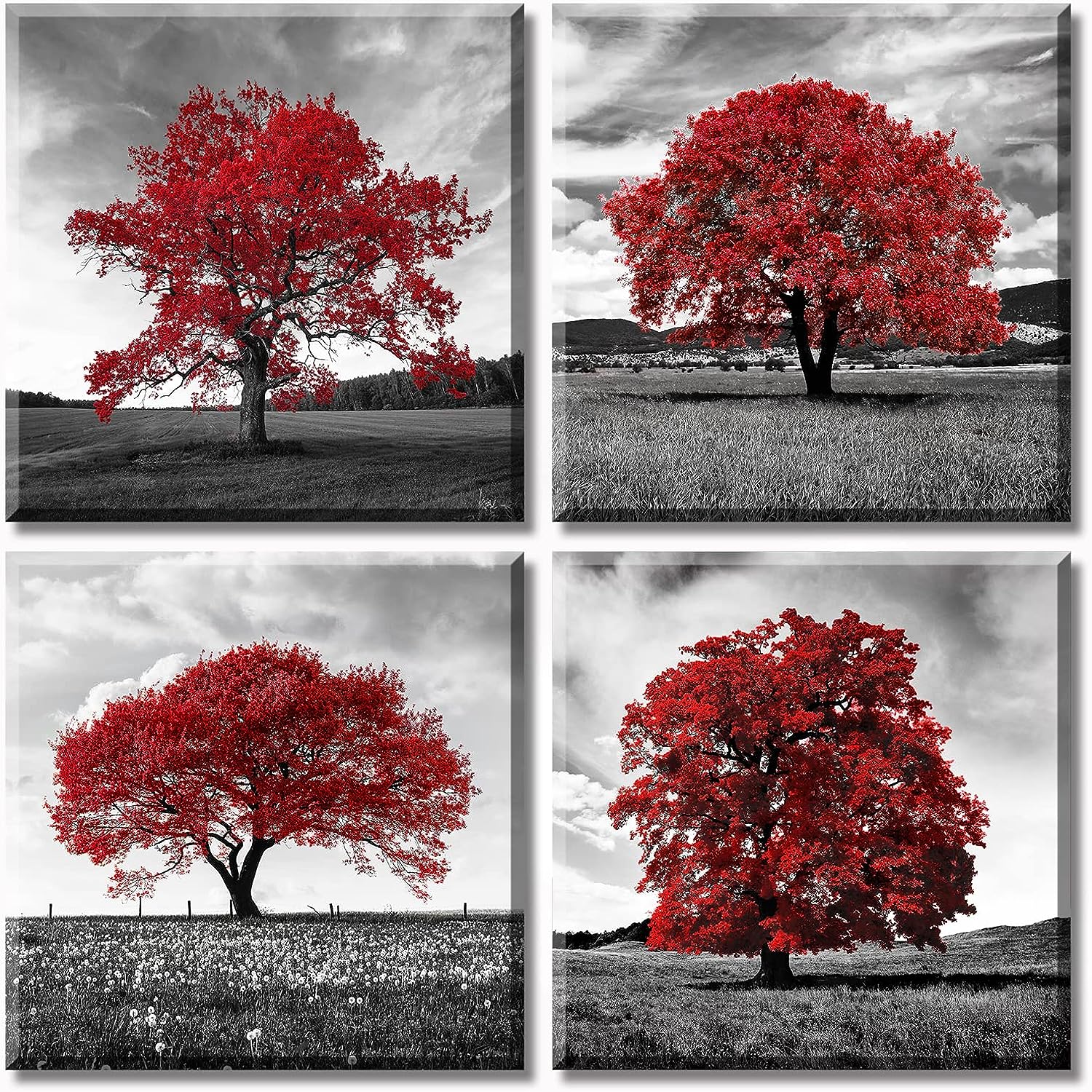 Living Room Wall Decor Red Tree Black and White Wall Art Nature Scenery ...