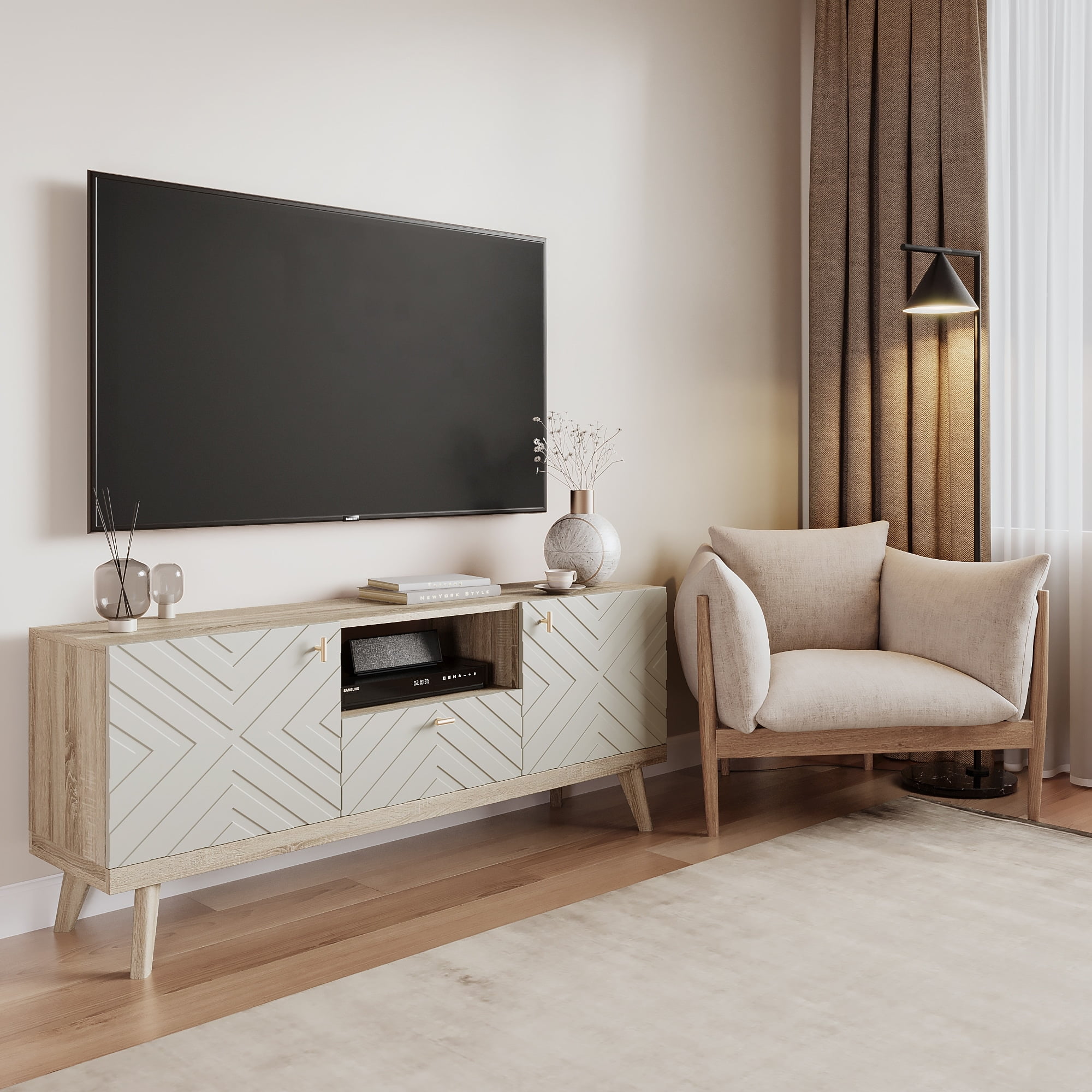 Living Skog Alba Beige TV Stand Console with Drawer Fits TV's up to 65 ...