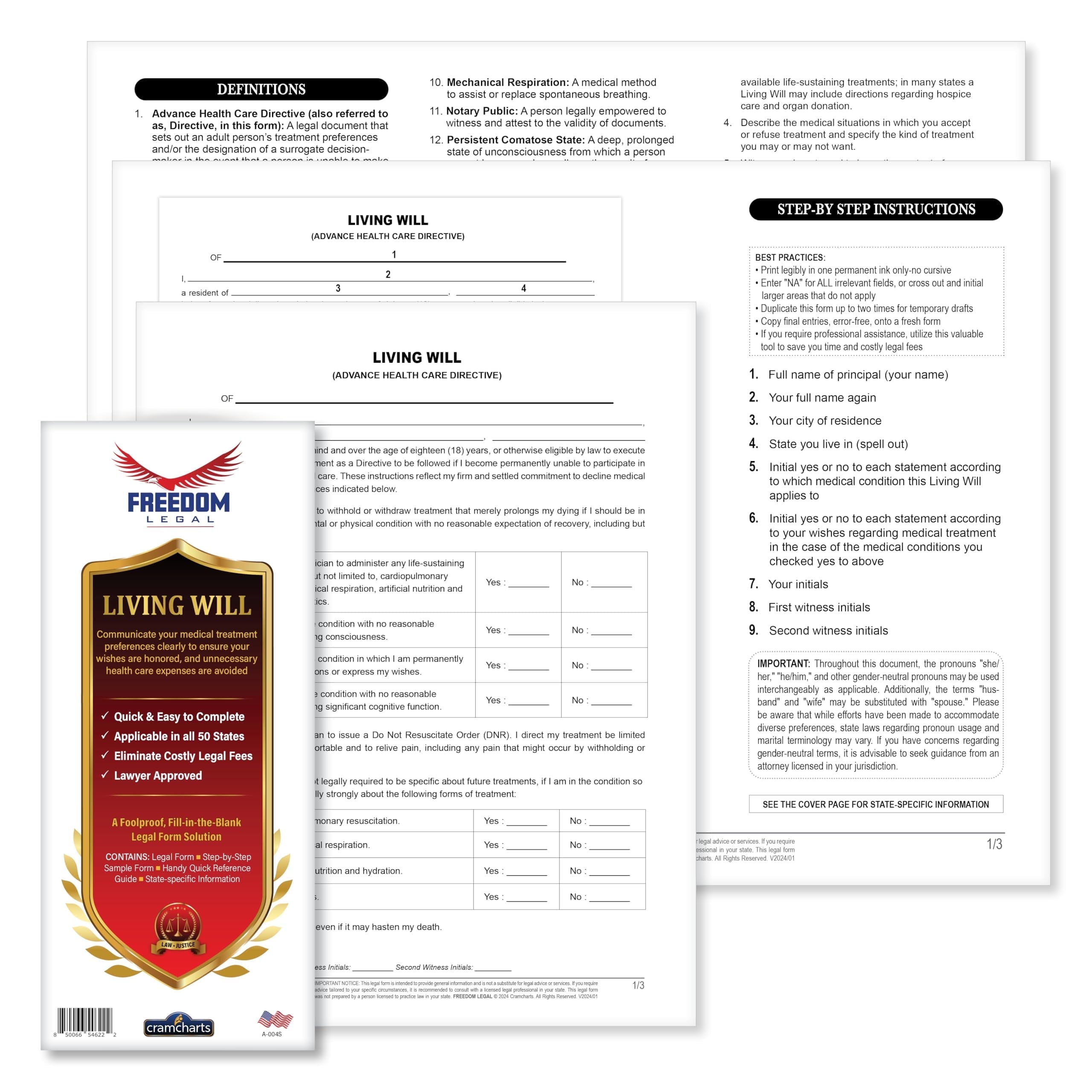 Living Will and Healthcare Power of Attorney Legal Forms Kit. Fill-in ...