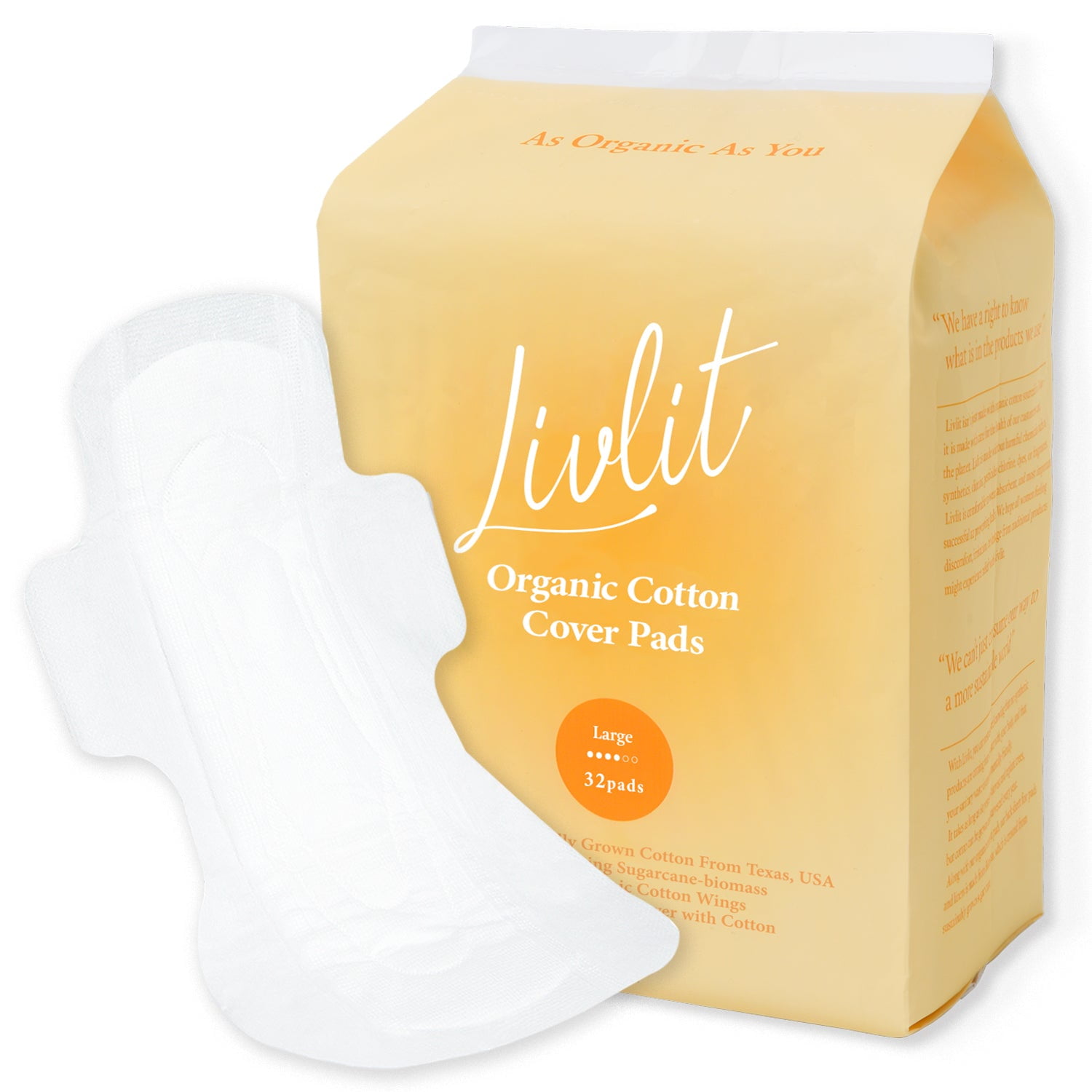 Livlit Large Size Pads, 100% Organic Cotton, Sensitive Skin Care (32 ...
