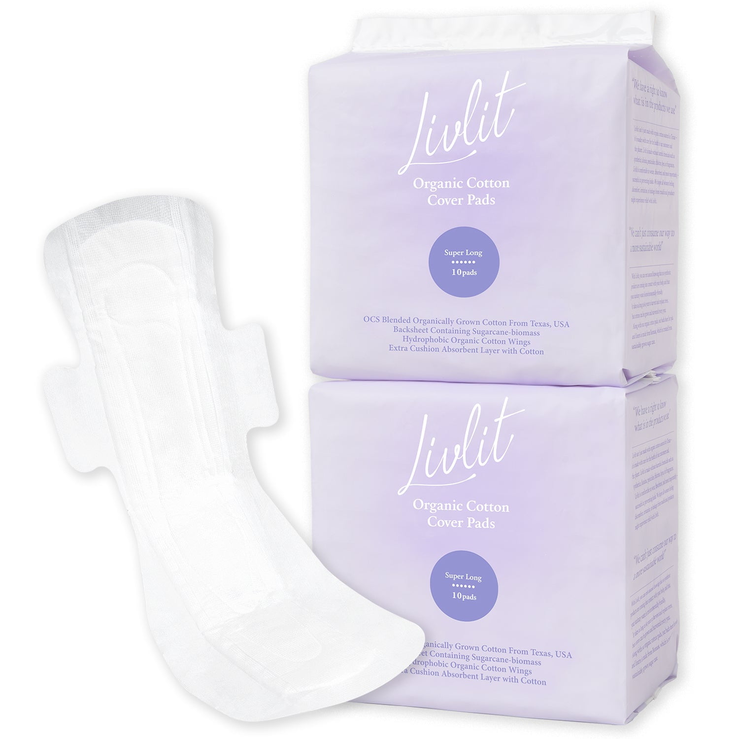 Livlit Organic Cotton Super Long Pads, Sensitive Skin Care, Chlorine ...