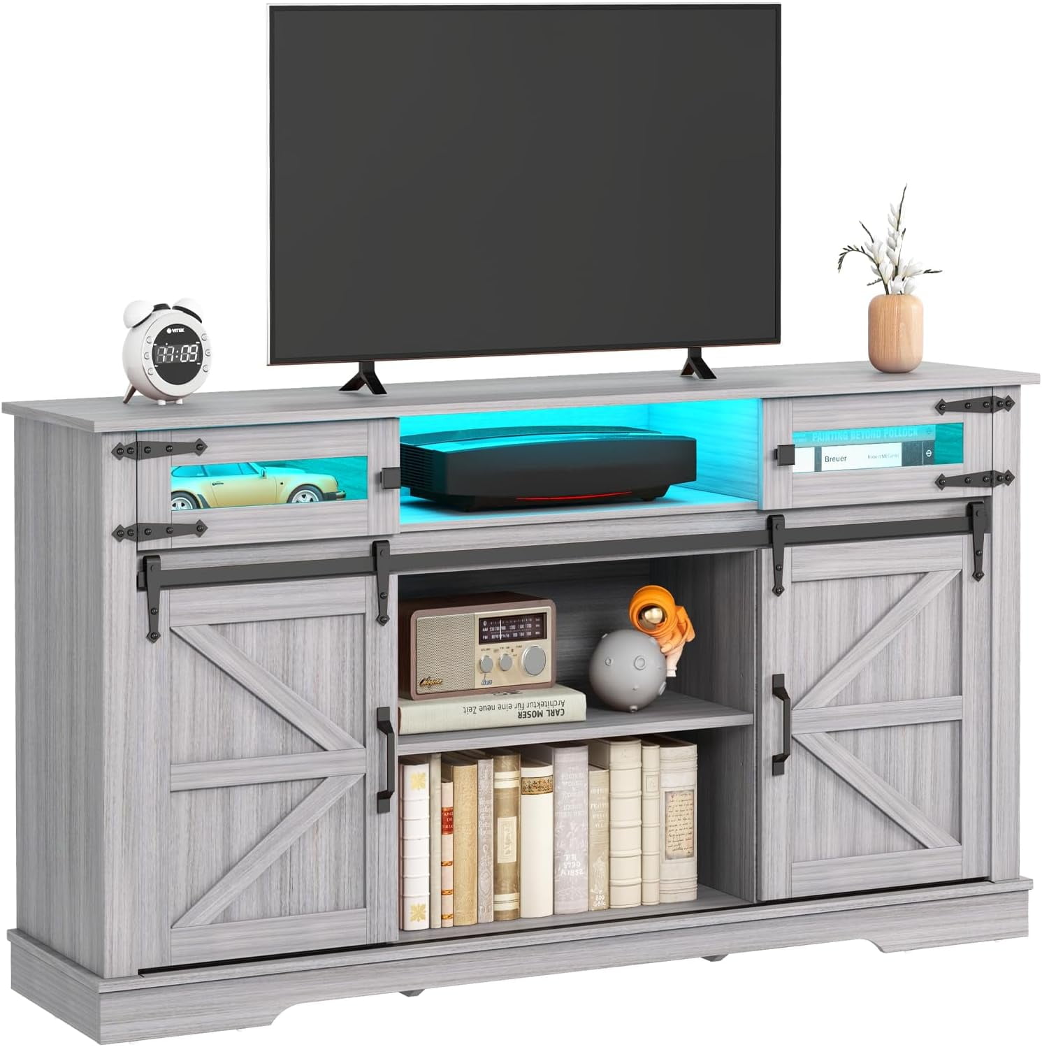 Livofloral Farmhouse TV Stand with LED Lights for 65+ Inch TV, 33" Tall ...