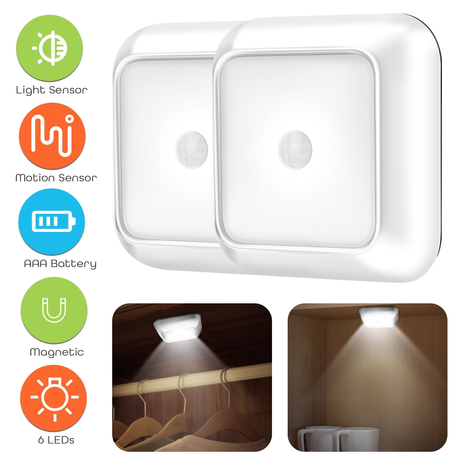 Liwarace 2Pcs LED Battery Powered Square Motion Sensor Closet Stair ...