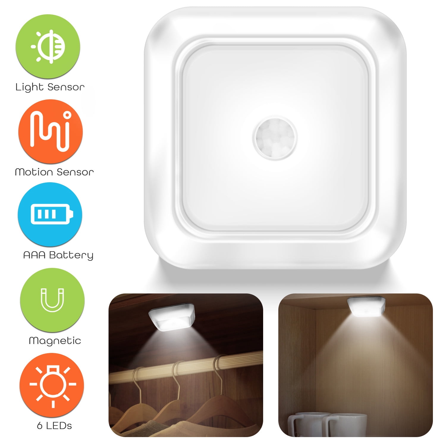 Liwarace LED Battery Powered Square Motion Sensor Closet Stair Night ...