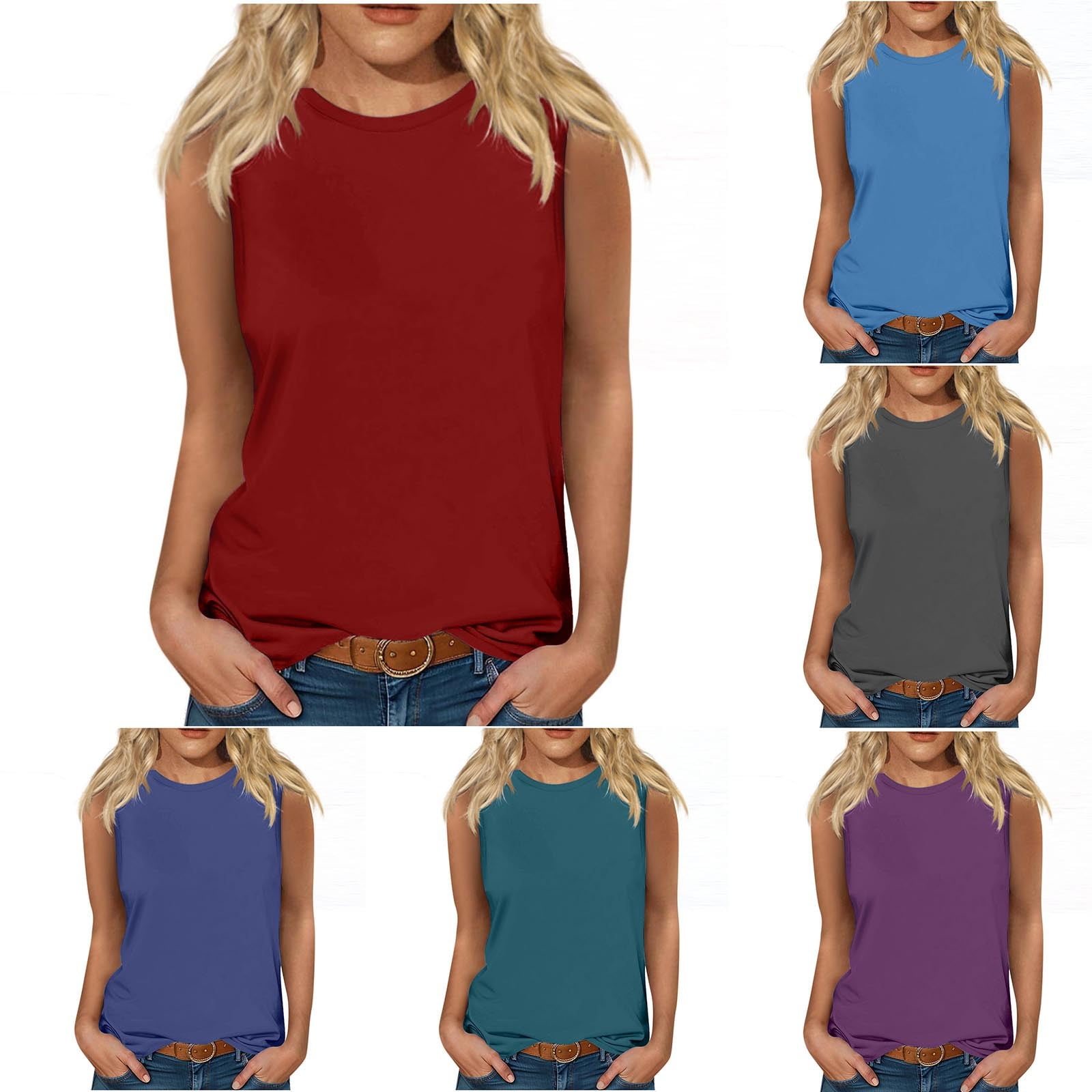 Liweisiy Women's Crewneck Tan Tops Solid Color Sleeveless Stretch Baggy ...
