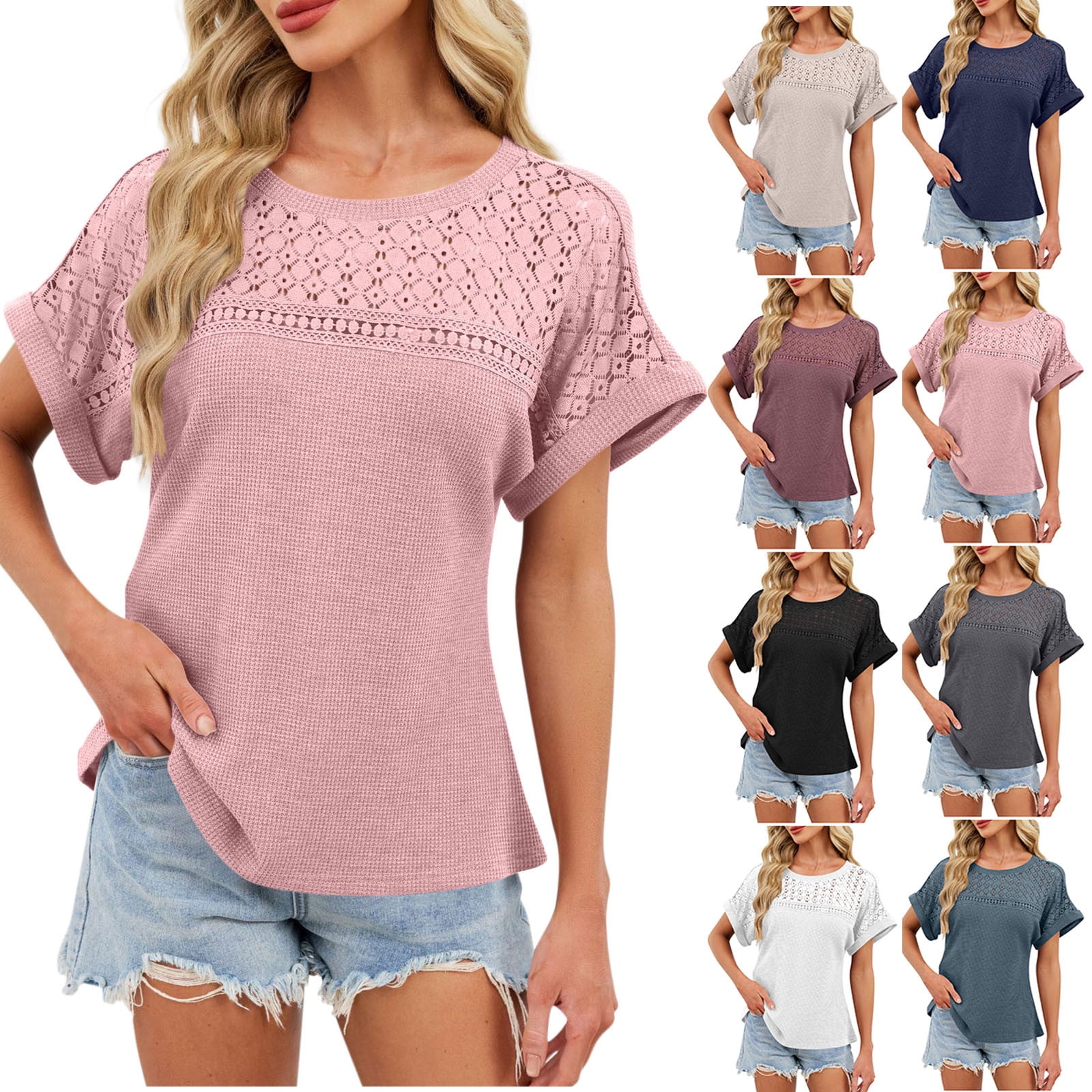 Liweisiy Women's Eyelet Lace Shirts Cap Sleeve Walffle Crochet Soft ...