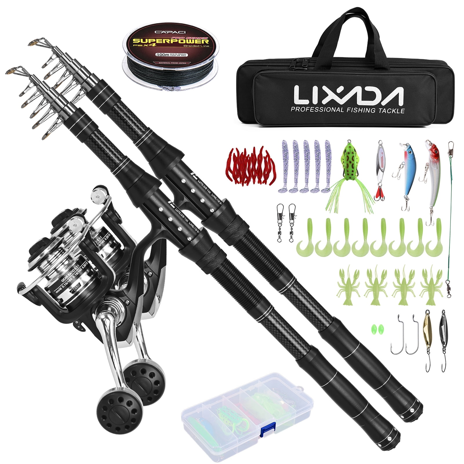 Lixada Fishing Rod Combos with Telescopic Fishing Pole Spinning Reels ...