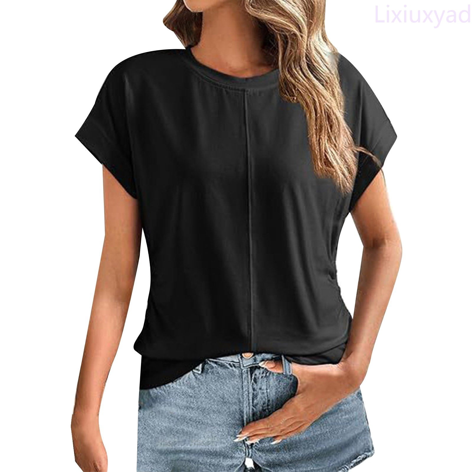 Lixiuxyad Women Spring Summer Fashion Solid Color Tops Round Neck Cap ...