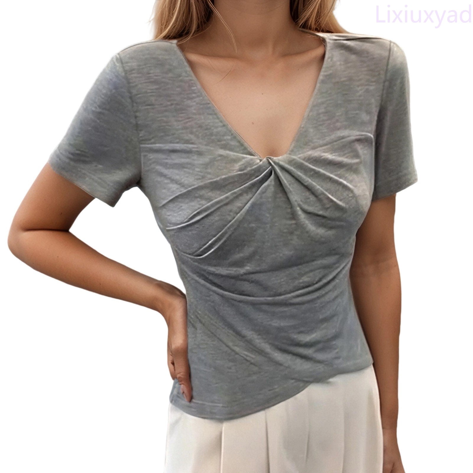 Lixiuxyad Women's V Neck Short Sleeve T Shirts Casual Basic Pure Color ...