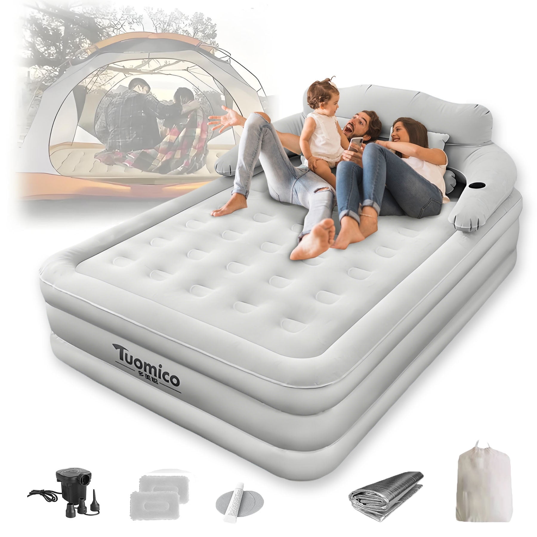 Liyufly 19"Queen Air Mattress with Headboard & Pump, Inflatable ...