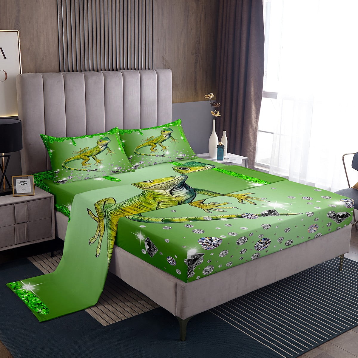 Lizard Bed Sheets Set Green Sequin Fluid Art Sheets,Crystal Diamond ...