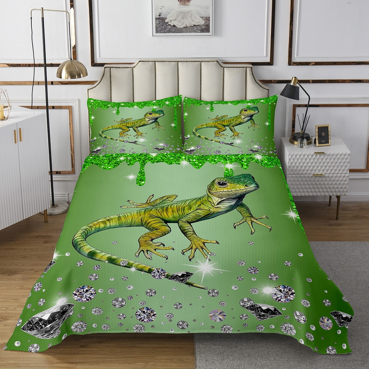 Lizard Bedspread Set Green Sequin Fluid Art Coverlet Set,Crystal ...
