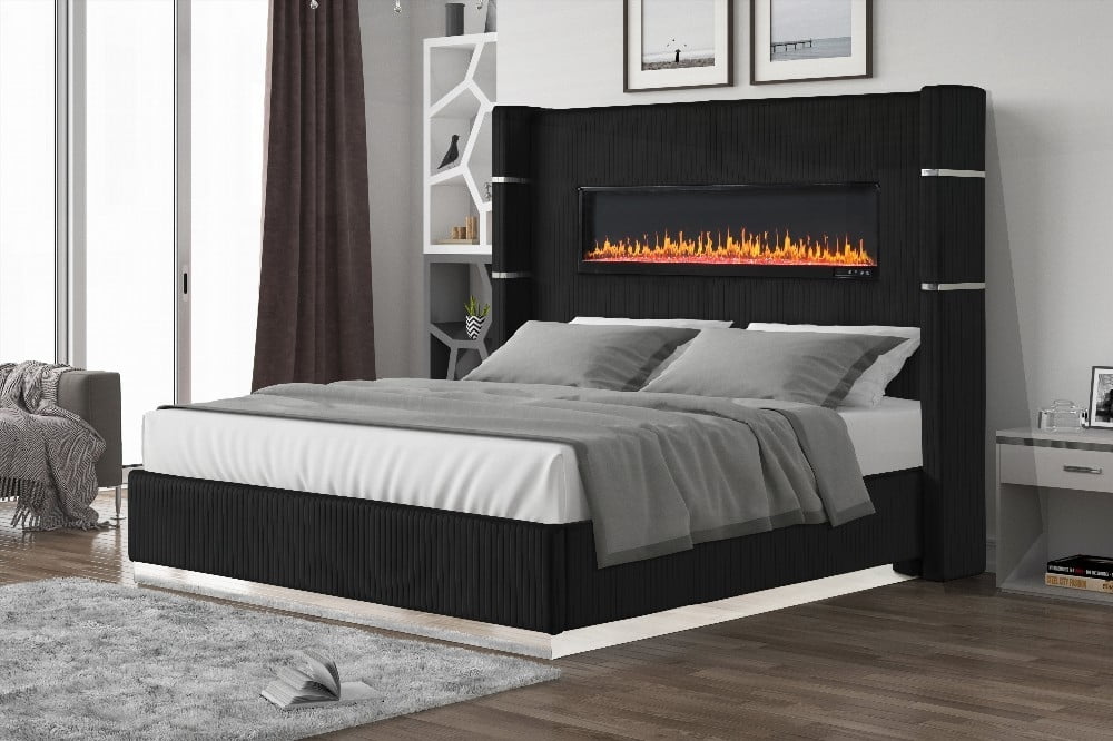 Queen Size Wooden Platform Bed with Ambient Lighting and USB/Bluetooth ...
