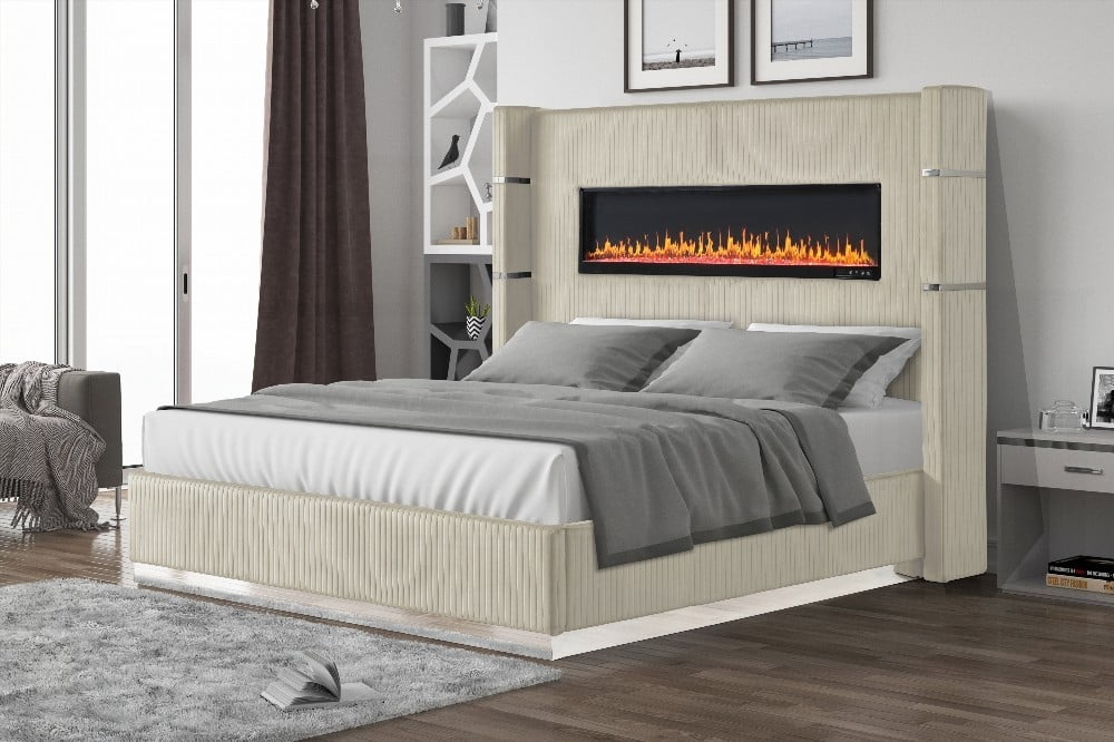 Lizelle Upholstered Wooden King Bed with Beige Velvet, Ambient Lighting ...