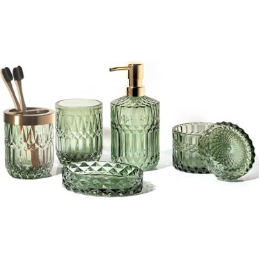 4-Piece Decorative Glass Bathroom Accessory Set | Embossed Blue Heavy ...