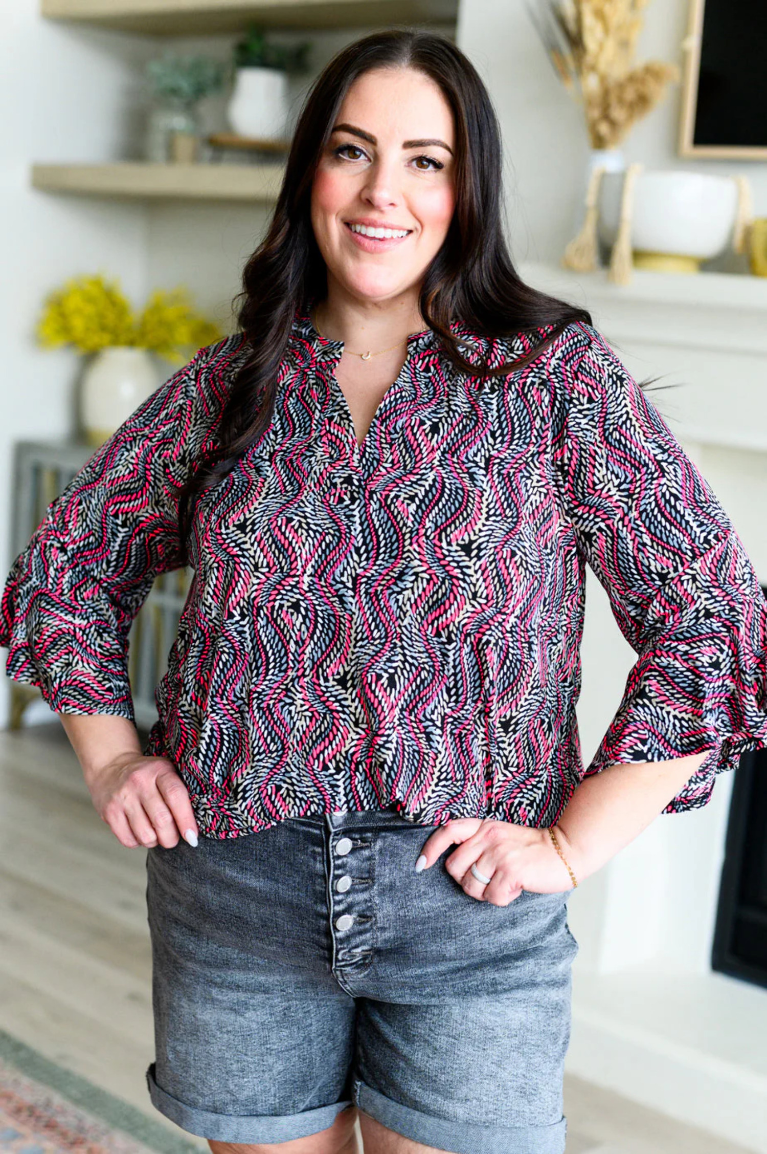 Lizzy Bell Sleeve Top in Black and Pink Rope - Walmart.com