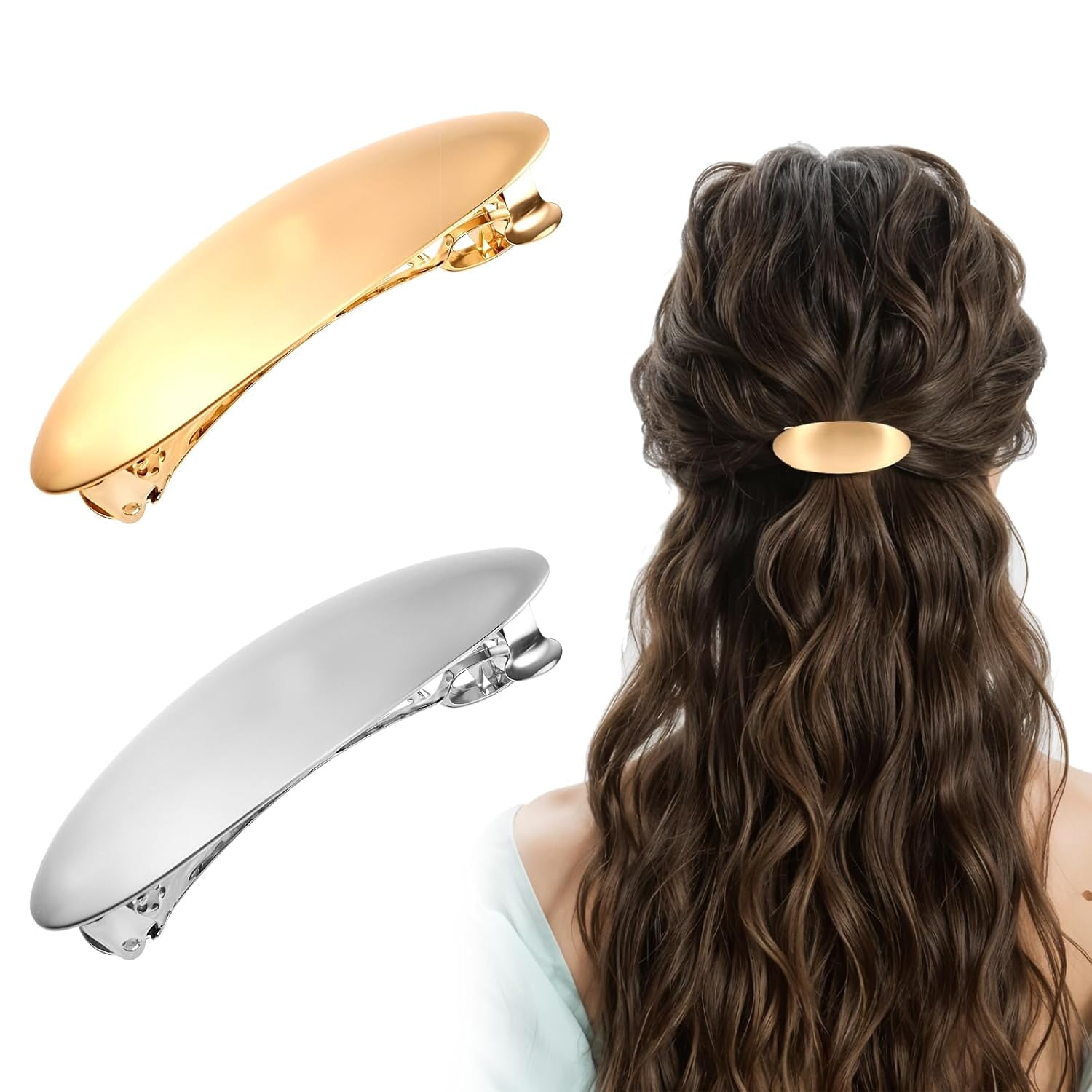 Ljia 2 PCS Oval French Barrette Metal, 3 Inch Simple Hair Barrette ...
