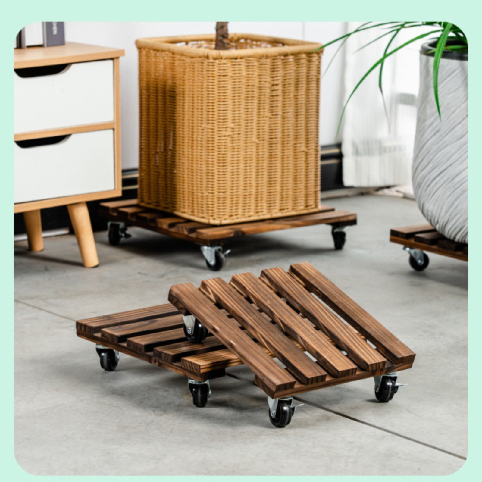 Ljxge Plant Caddy with Wheels - Capacity Wooden Rolling Plant Stand ...