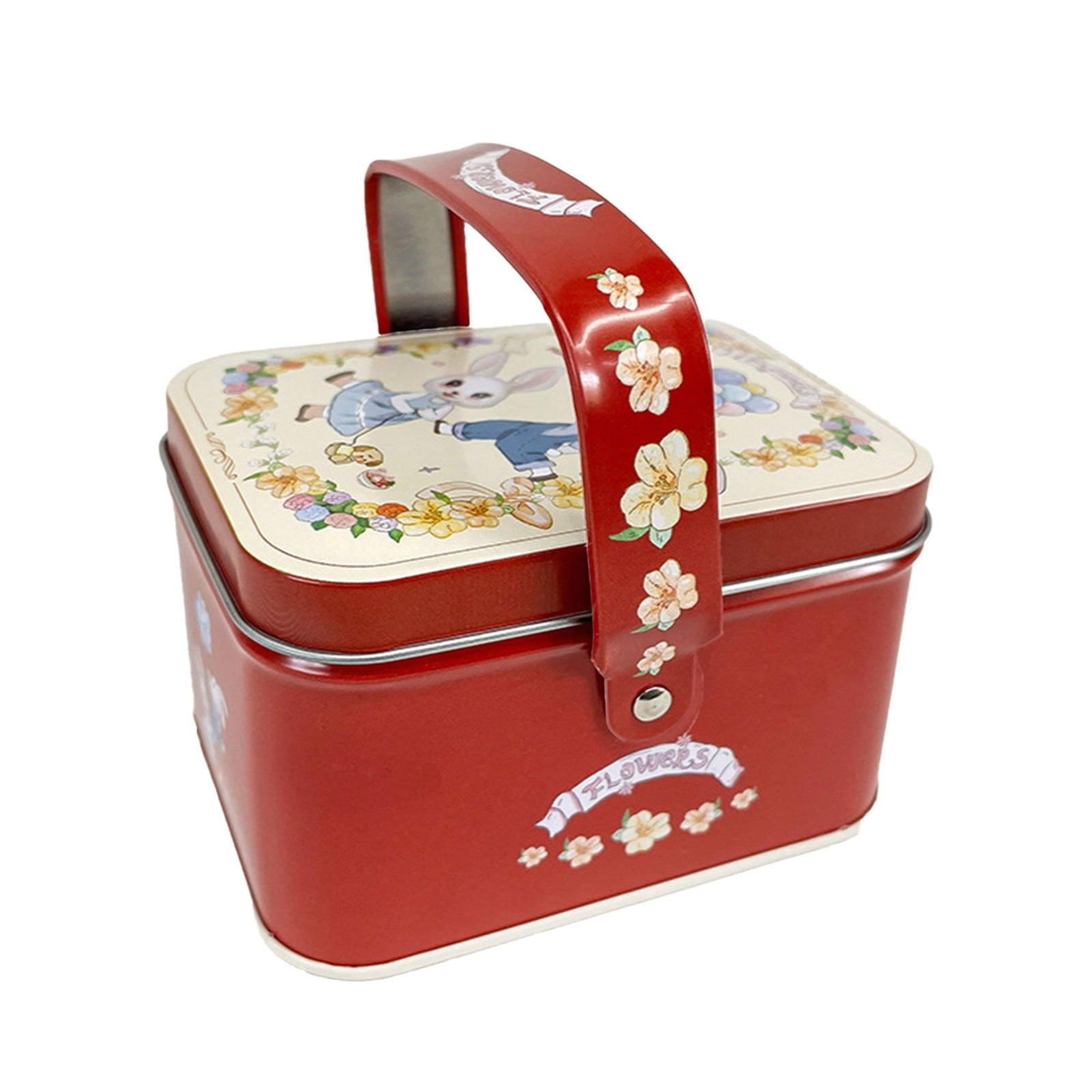 Ljxge Rabbit Pattern Tin Box - Handheld Cookie Can with Lid - Red ...
