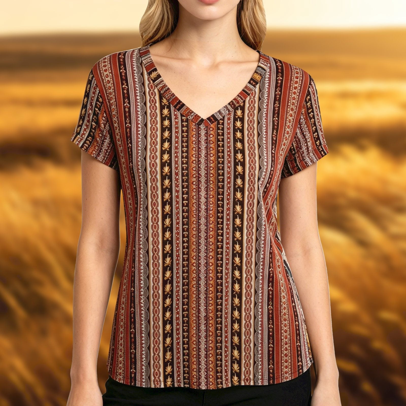 Lkhaha Women Vintage Striped Print T Shirts V Neck Casual Tops Ethnic ...