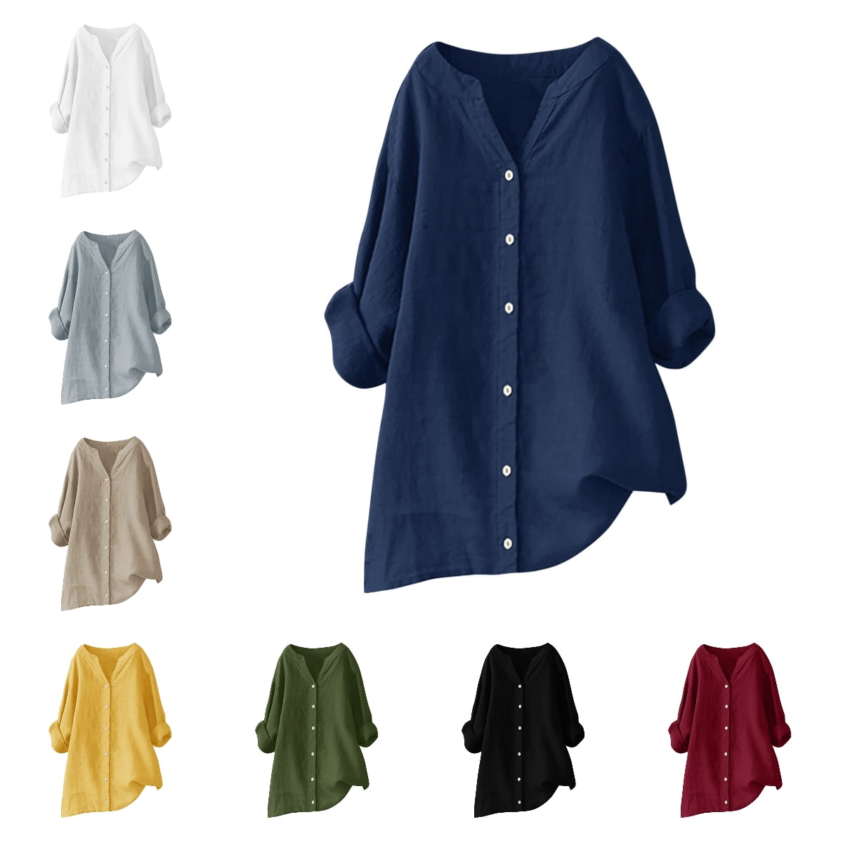 Lkhaha Womens Loose Buttons Down Blouse Tops Solid Long Sleeve V Neck ...