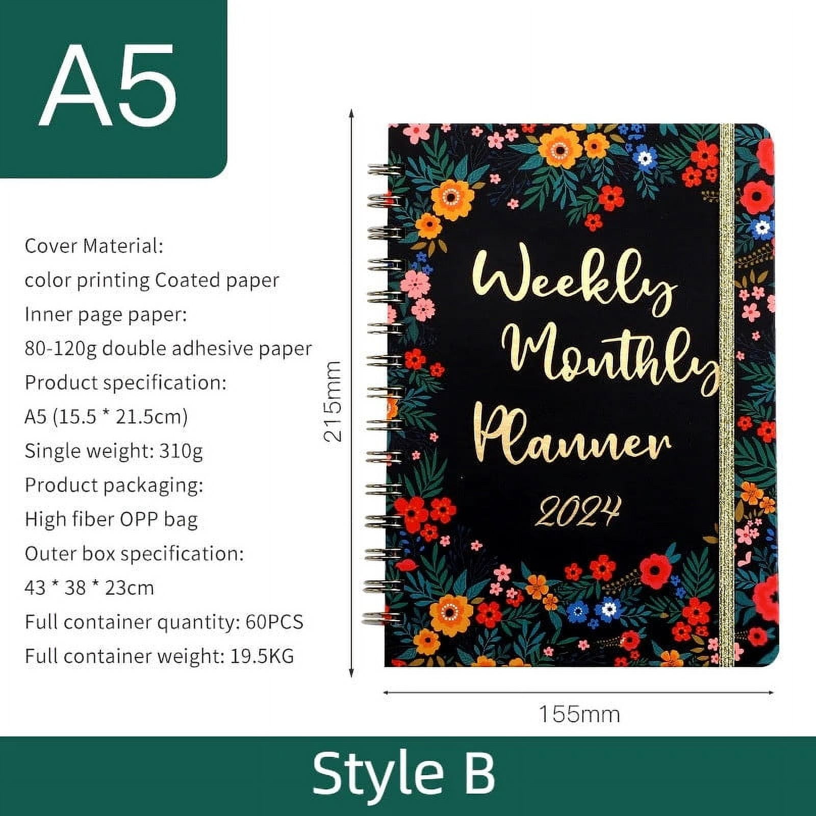 Lksixu 2024 Planner Coil Notebook, A5 Colorful Floral Pattern Schedule ...