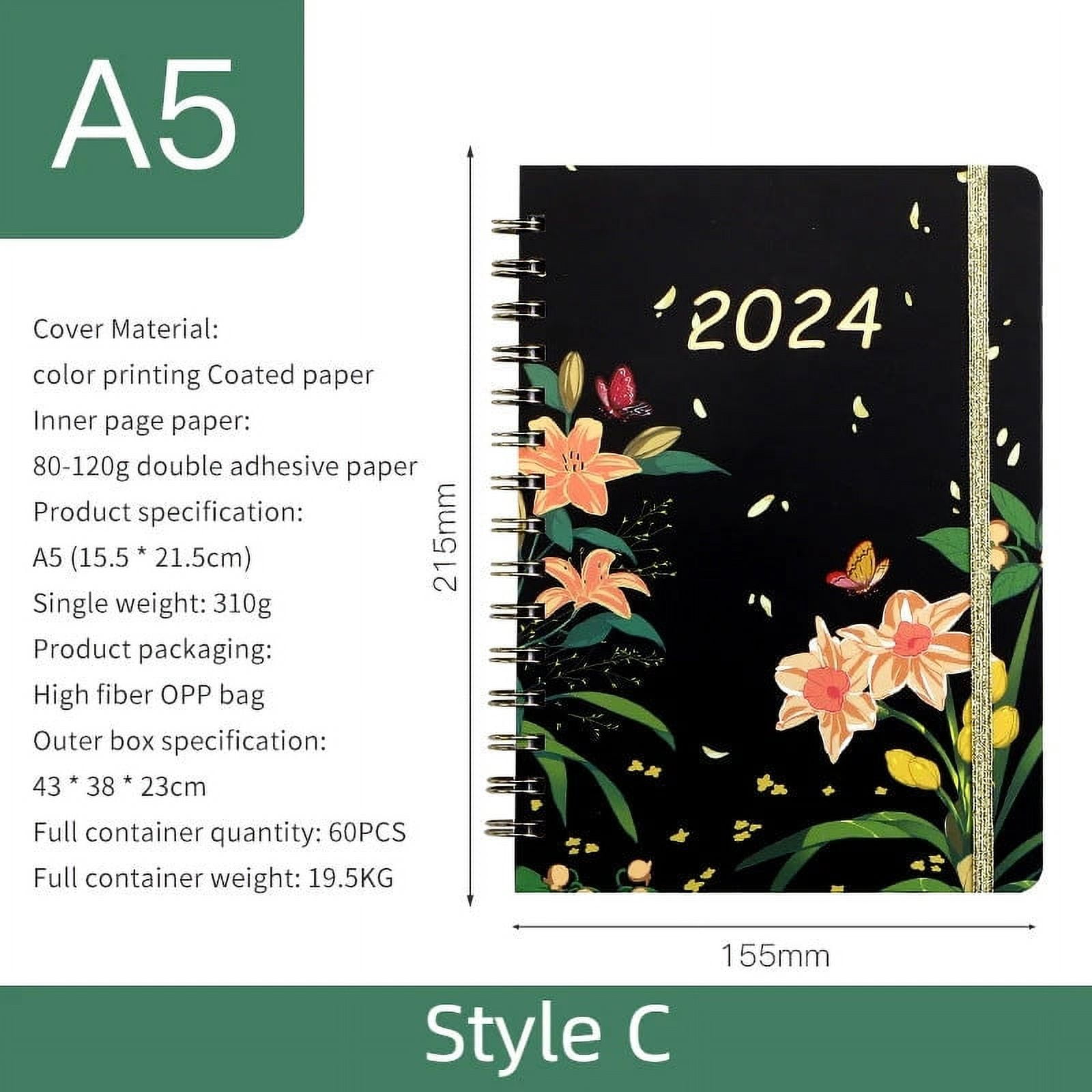 Lksixu 2024 Planner Coil Notebook, A5 Colorful Floral Pattern Schedule ...