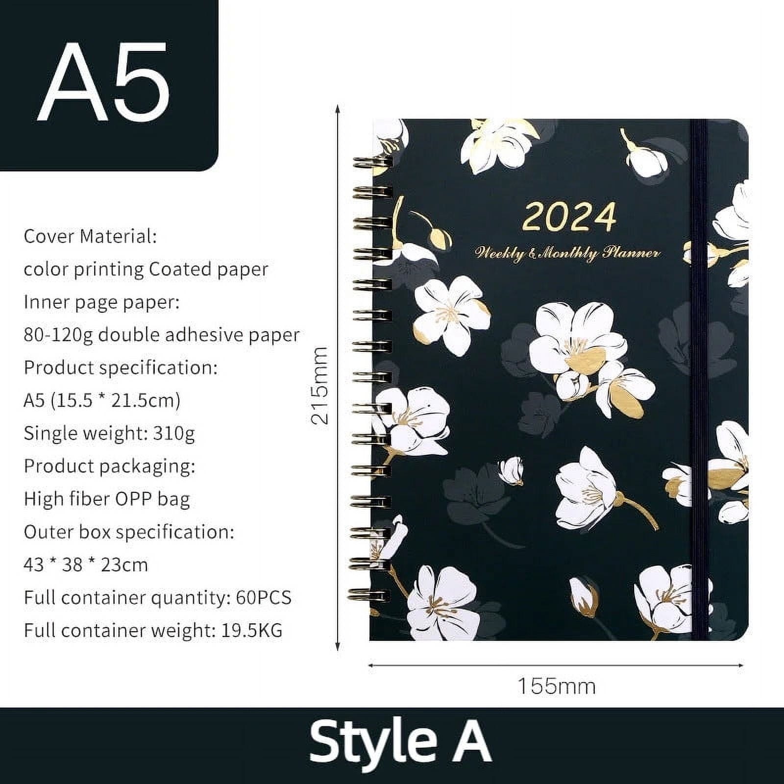 Lksixu 2024 Planner Coil Notebook, A5 Colorful Floral Pattern Schedule ...