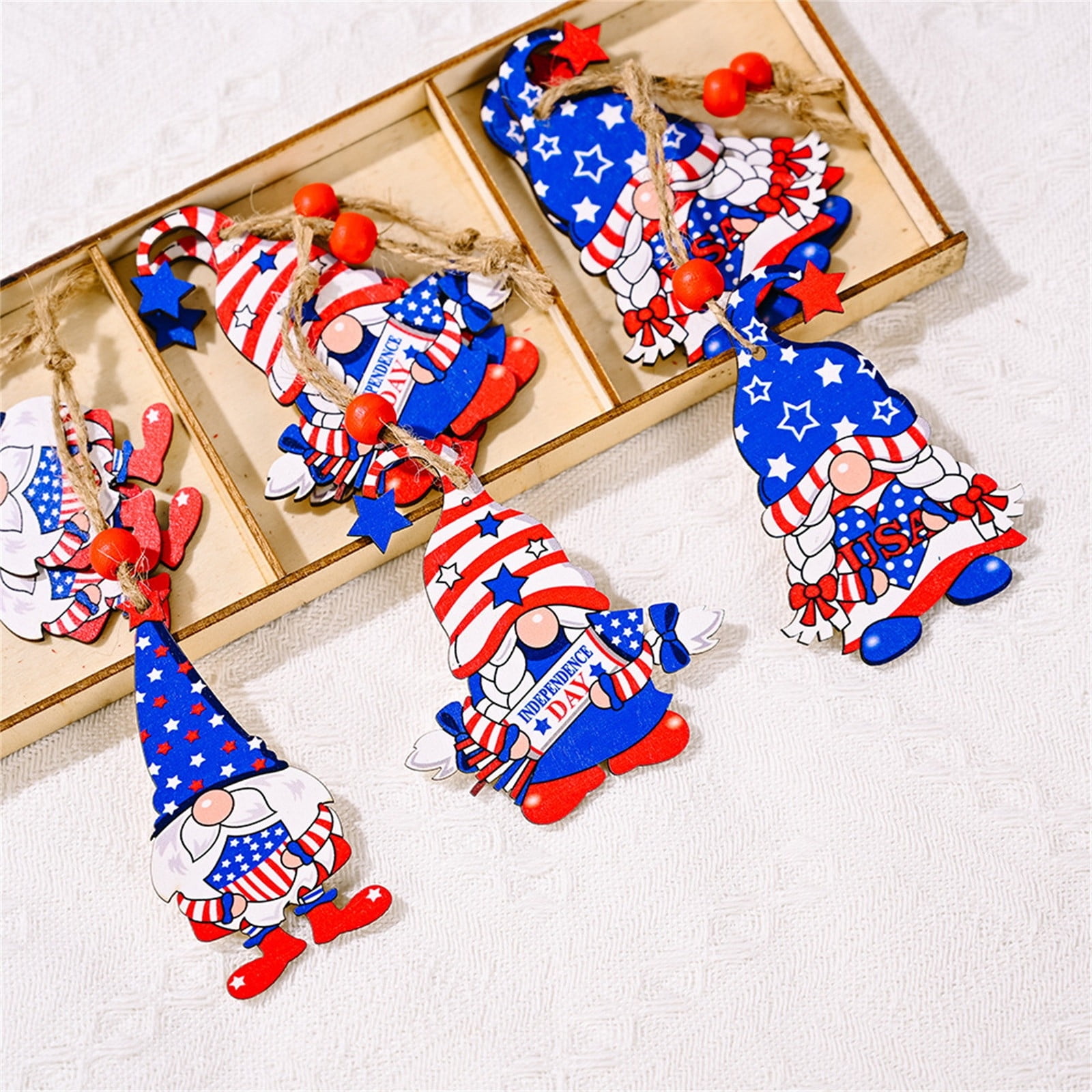 Lksixu 9 Pcs 4th of July Wooden Gnome Ornaments, 3.15 inch Stars and ...