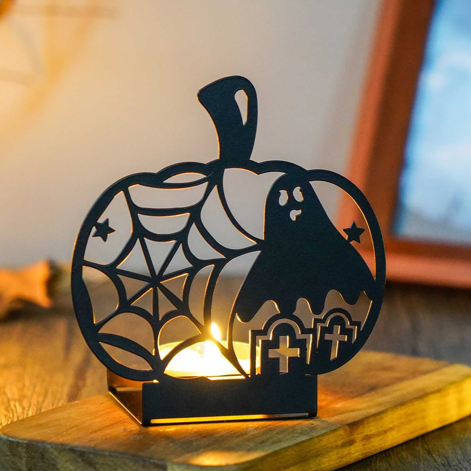 Lksixu Halloween Candle Holder, Hollow Metal Pumpkin Shape Ghost Shadow ...