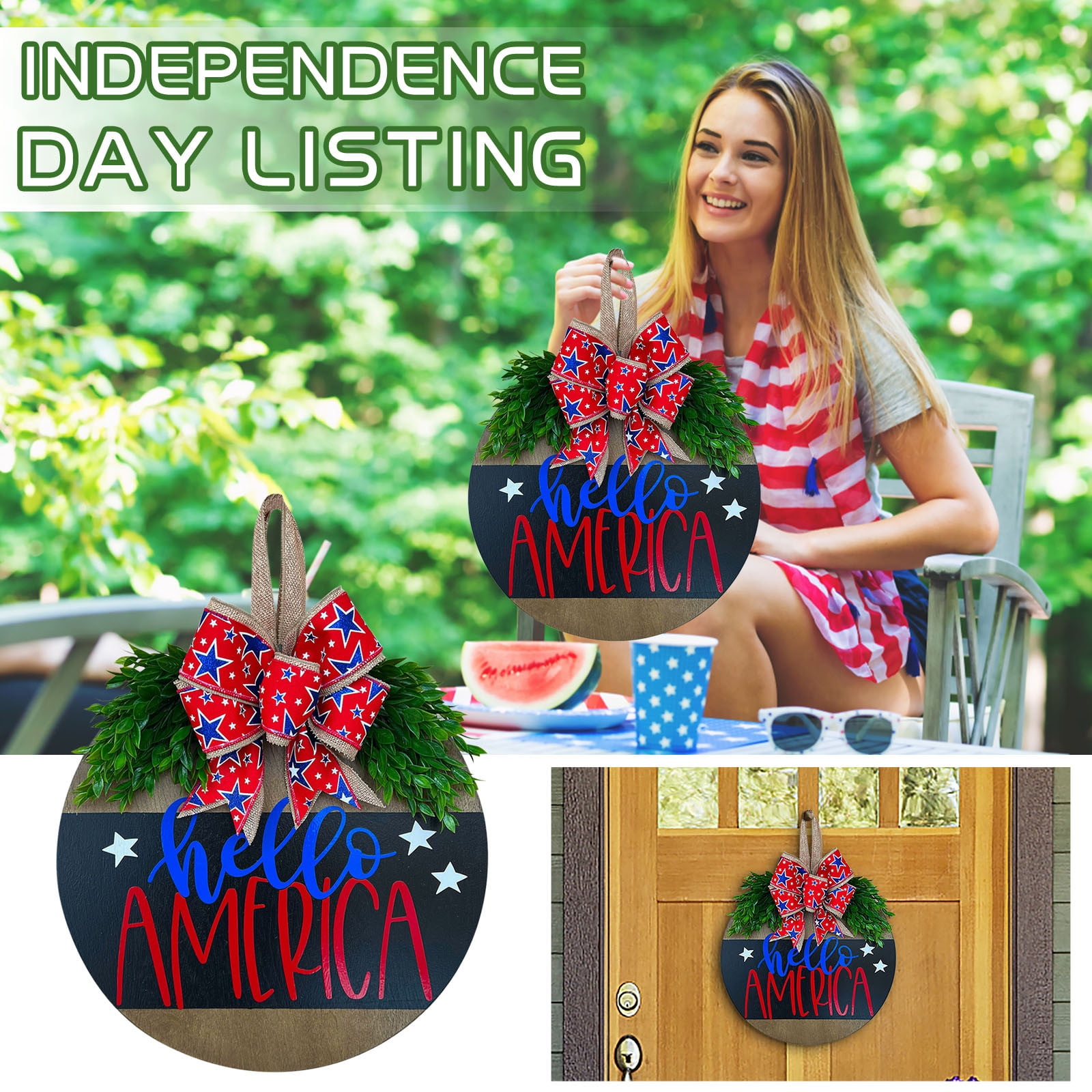 Lksixu Independence Day Welcome Door Sign for Front Door, 12" Hello ...