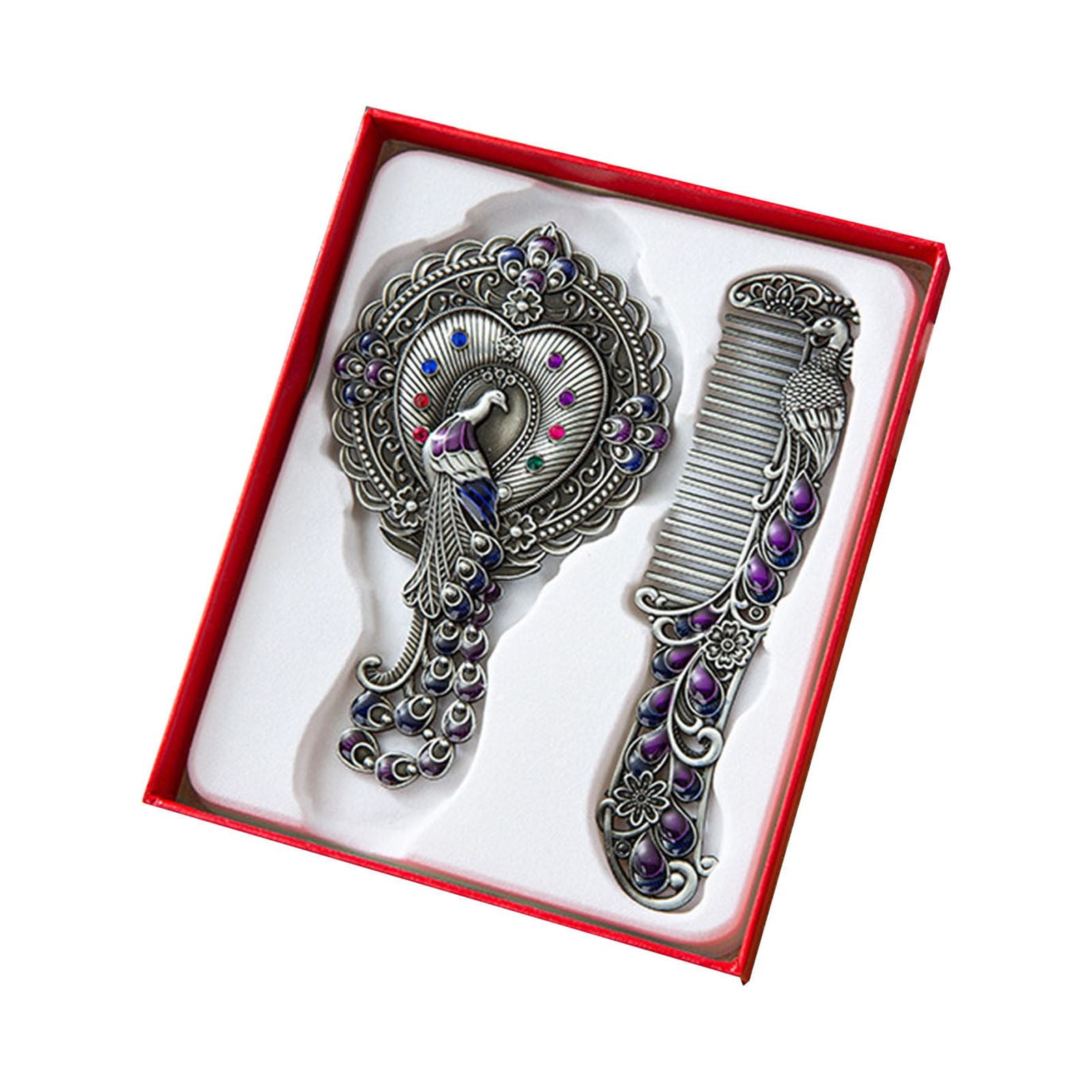 Lksixu Vintage Handheld Mirror with Comb Set, Metal Embossed Peacock ...