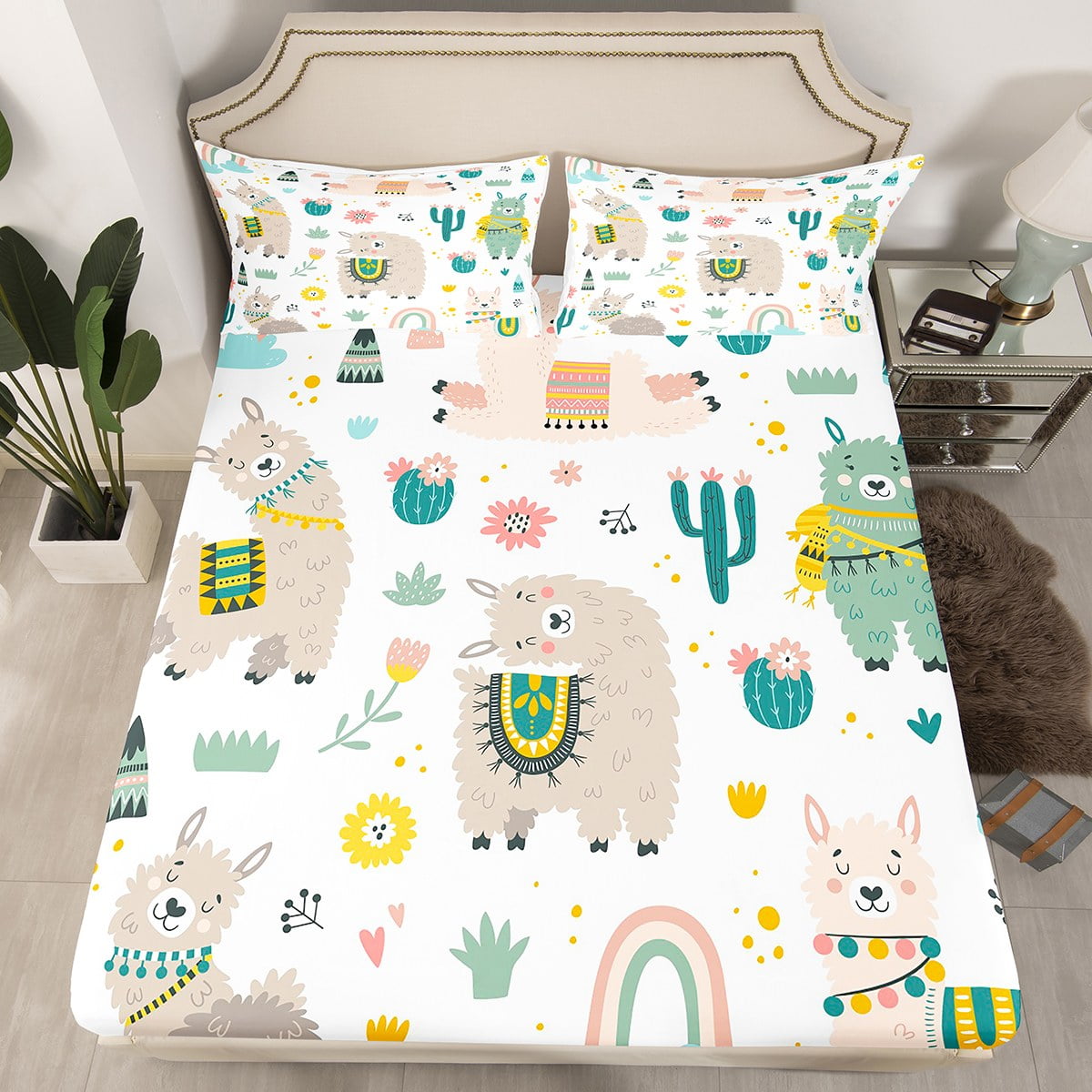 Llama Alpaca Fitted Sheet Cactus Botanical Leaf Bedding Set Cute Llama ...