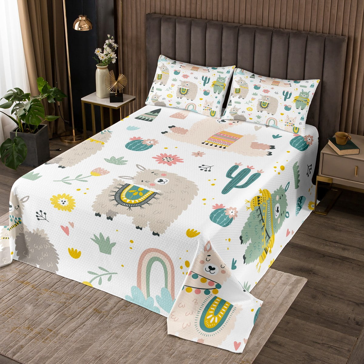 Llama Alpaca Quilt Set Cactus Botanical Leaf Coverlet Set Cute Llama ...