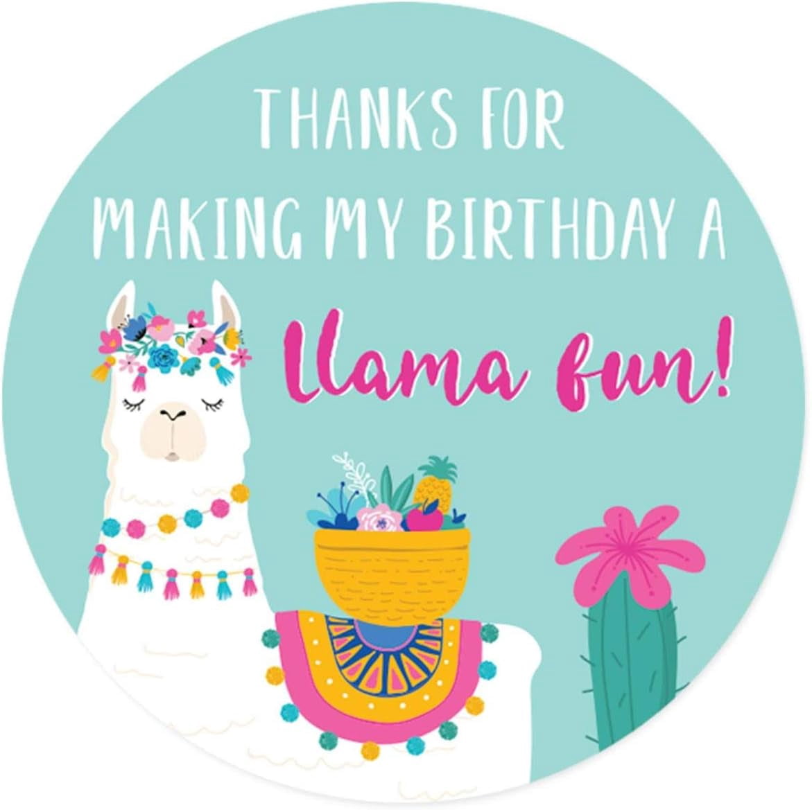 Llama Cactus Birthday Party, Round Circle Label Stickers, Thanks for ...