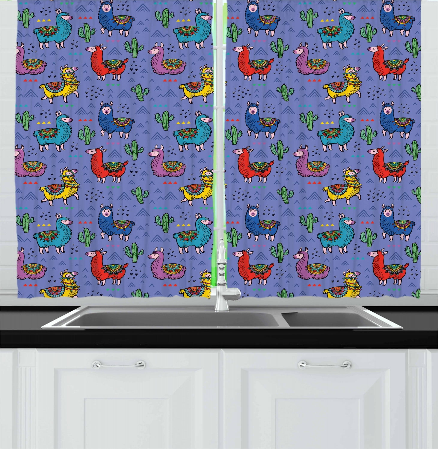 Llama Curtains 2 Panels Set, Cartoon Style Furry Animals with Mexican ...