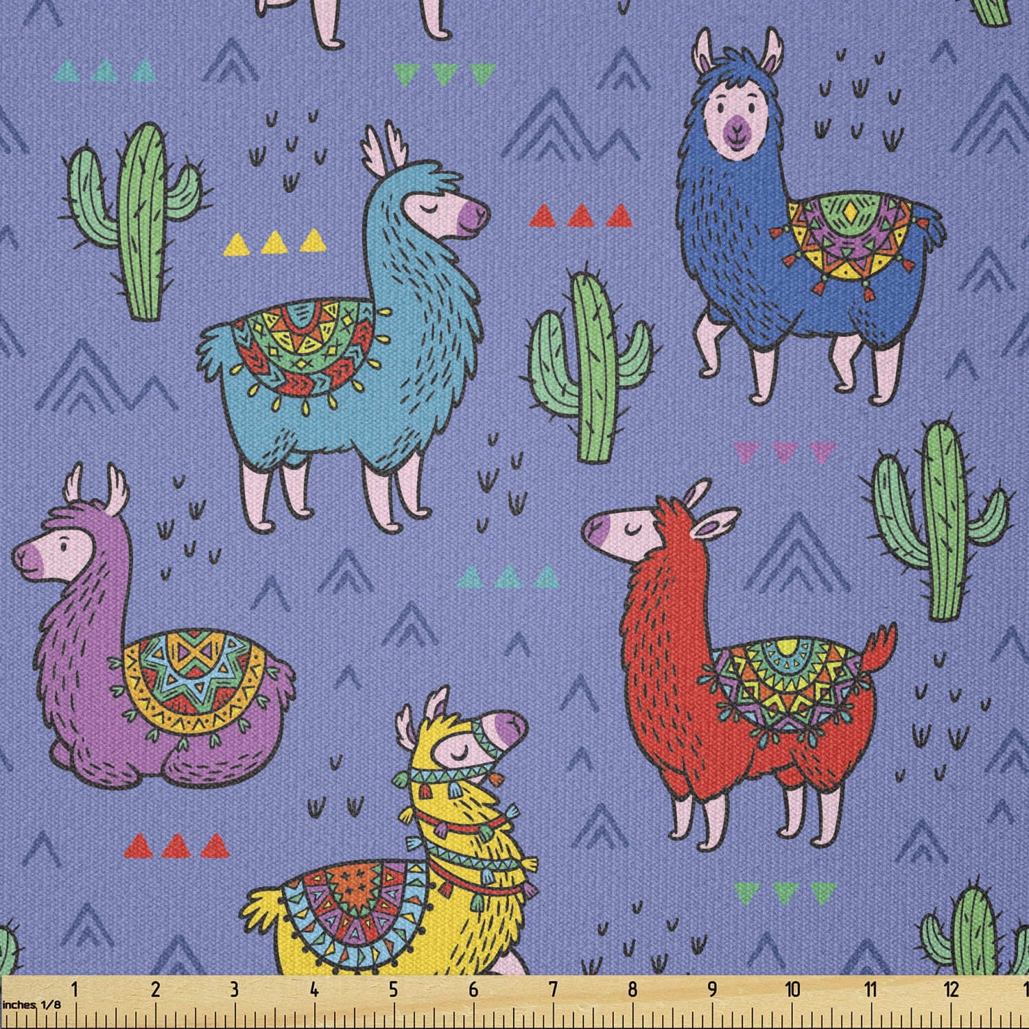 Llama Fabric by The Yard, Cartoon Style Furry Animals Mexican Folk ...