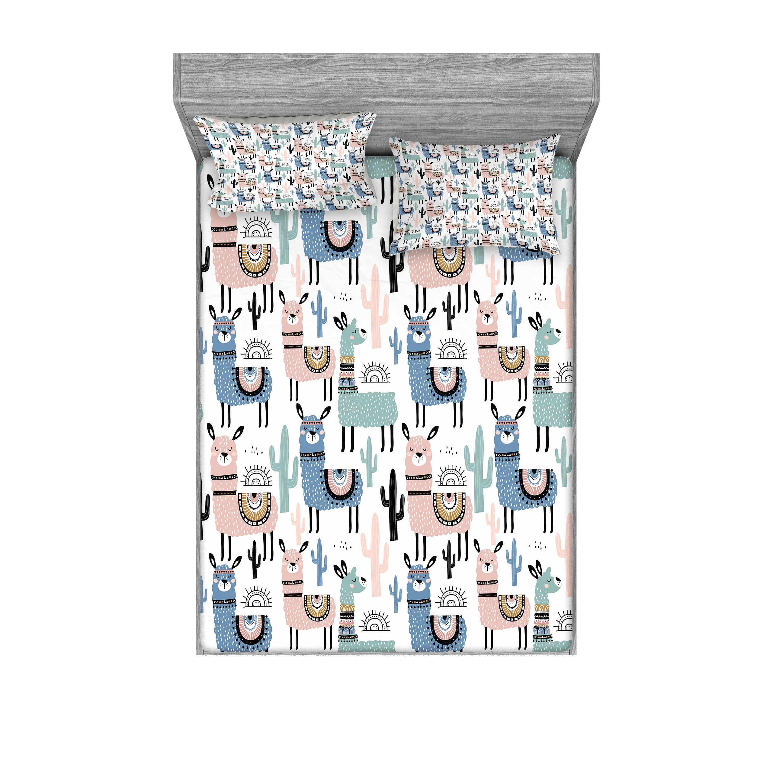 Llama Fitted Sheet & Pillow Sham Set, Cartoon Style Hand Drawn South ...