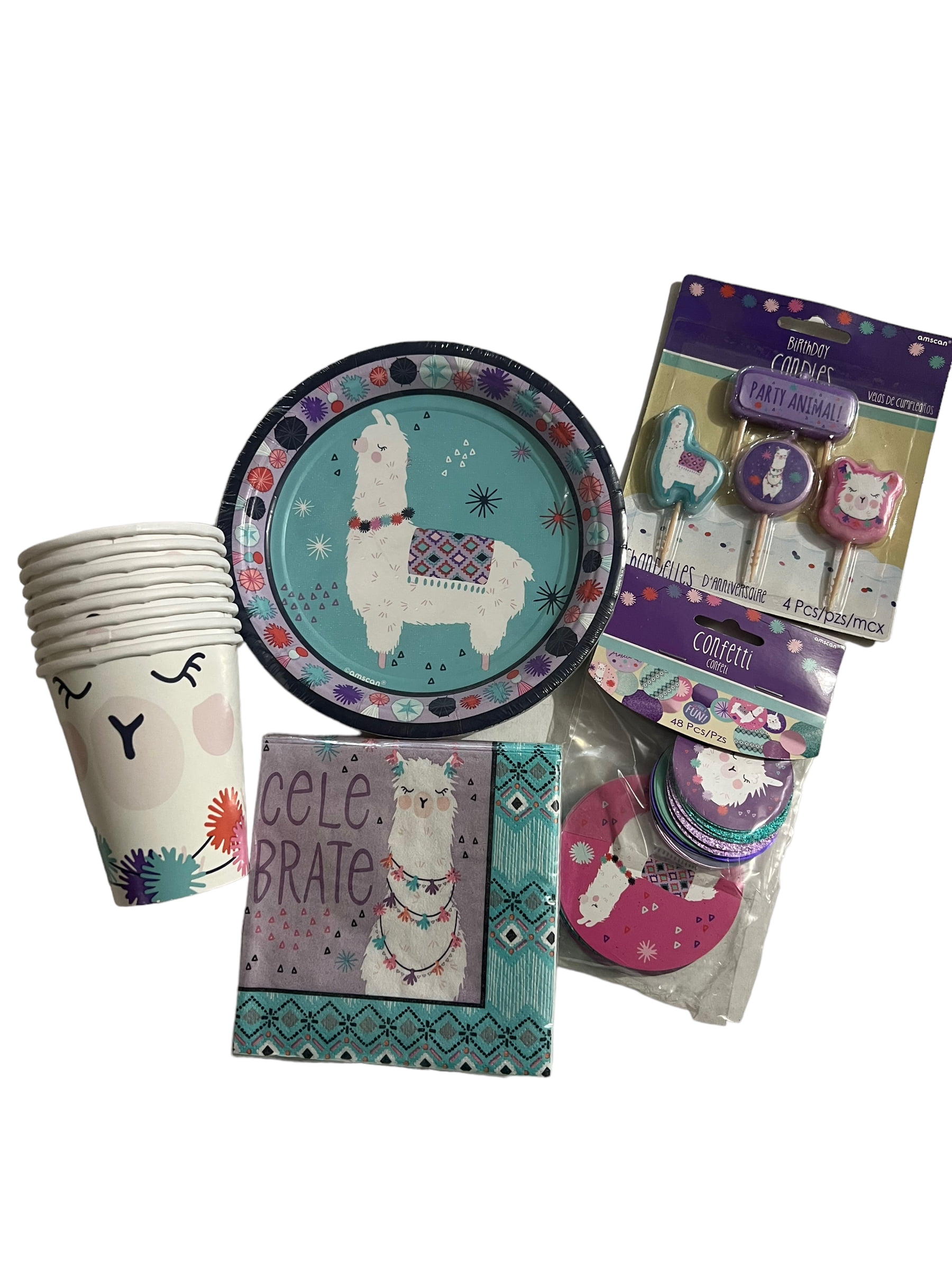 Llama Fun Bundle with Plates, Napkins, Cups, Candles and Confetti for 8 ...
