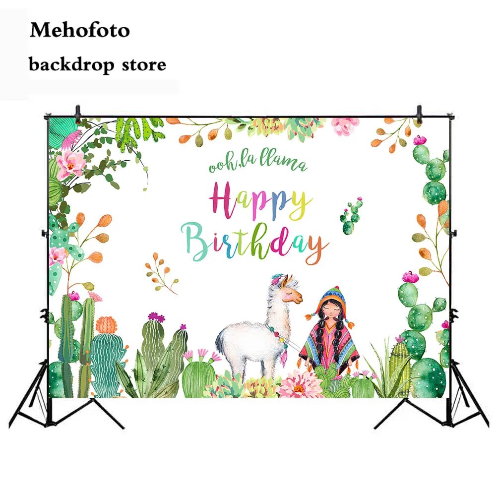 Llama Happy Birthday Theme Party Decoration Green Photo Background ...