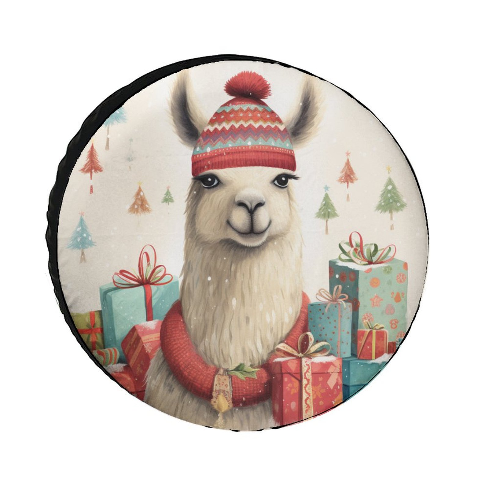 Llama Holding A Gift Camping Spare Tire Cover Llama Cartoon Cute Alpaca ...
