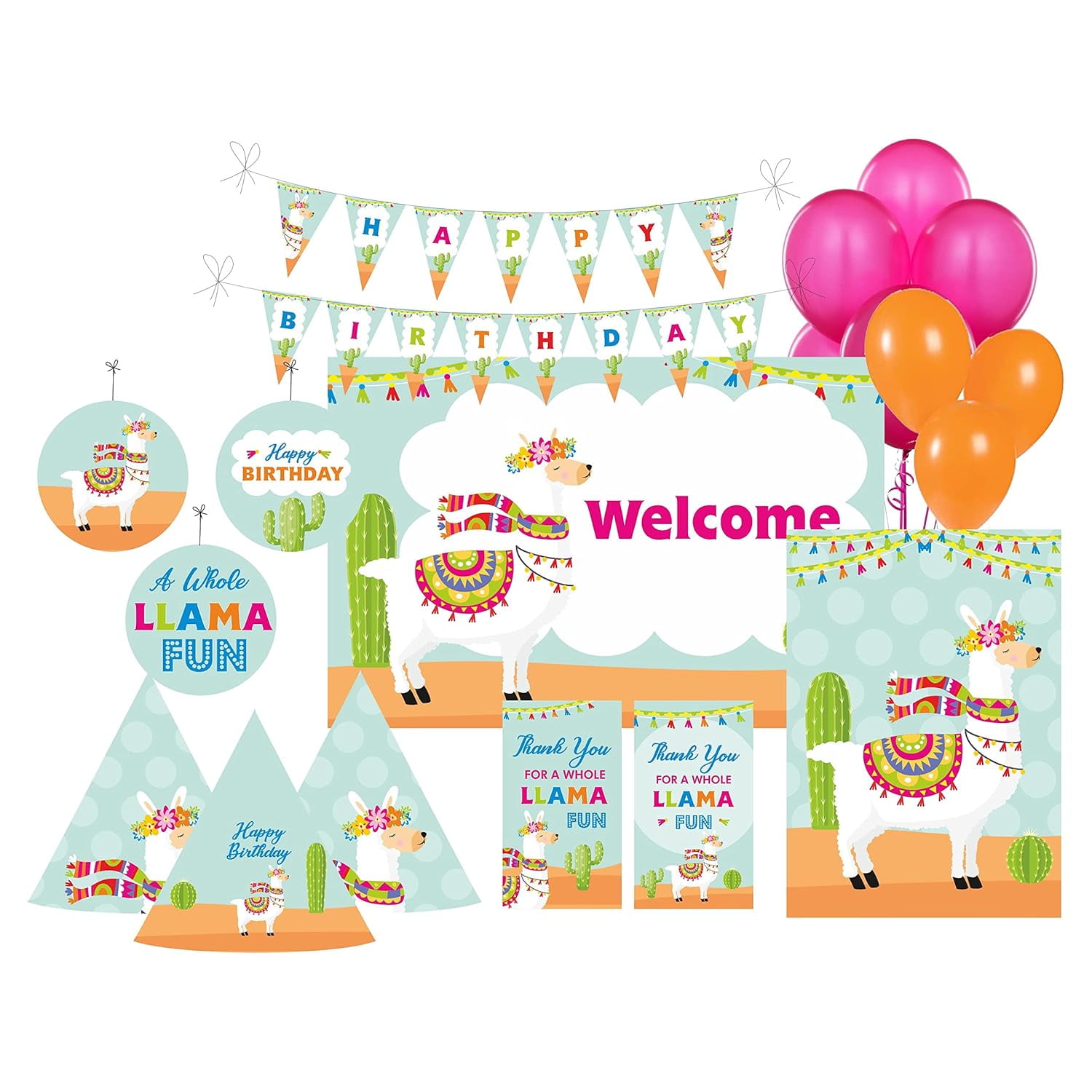 Llama Party Decorations Kit - 80 Pcs Includes Banner, Balloons, Thank ...