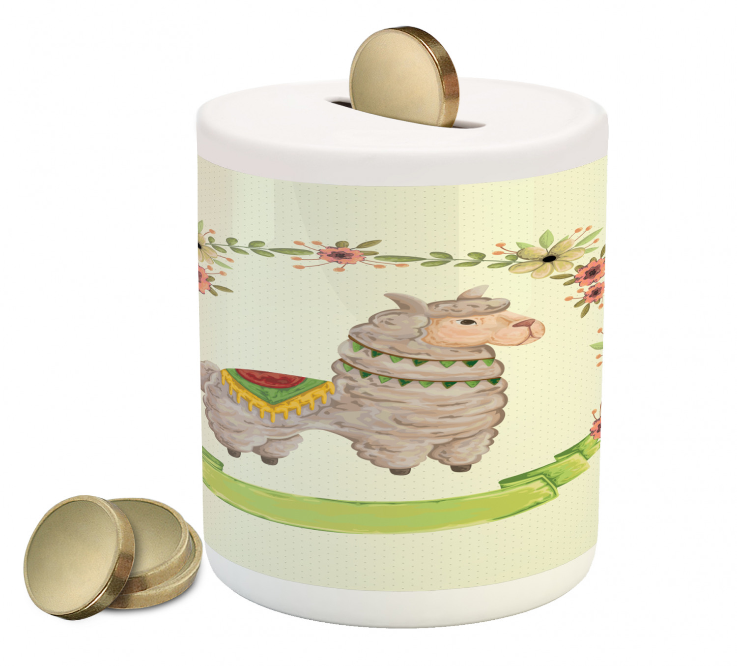 Llama Piggy Bank, Colorful Watercolor Floral Wreath and South American ...