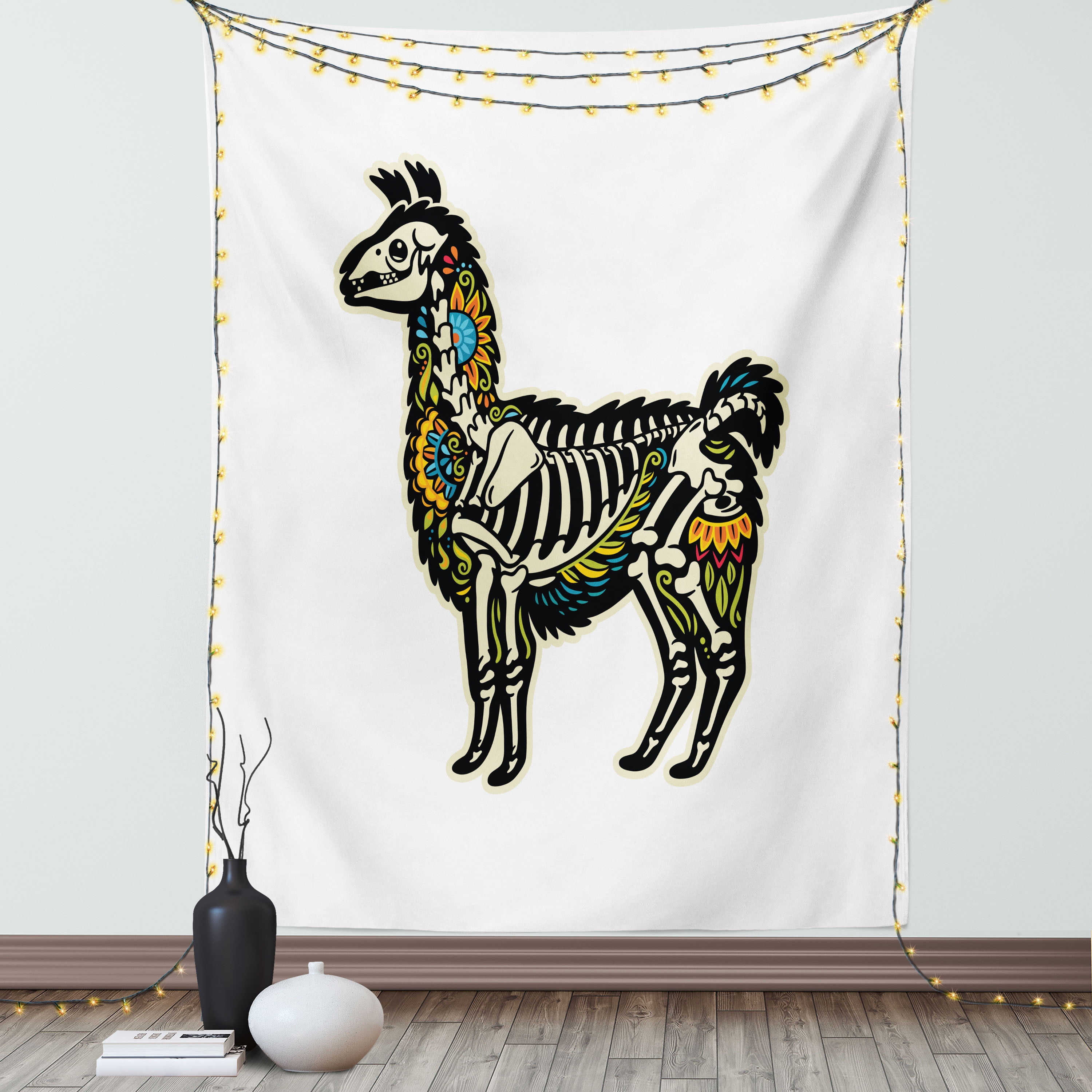 Llama Tapestry, Sugar Skull Style Alpaca Animal Skeleton and Colorful ...