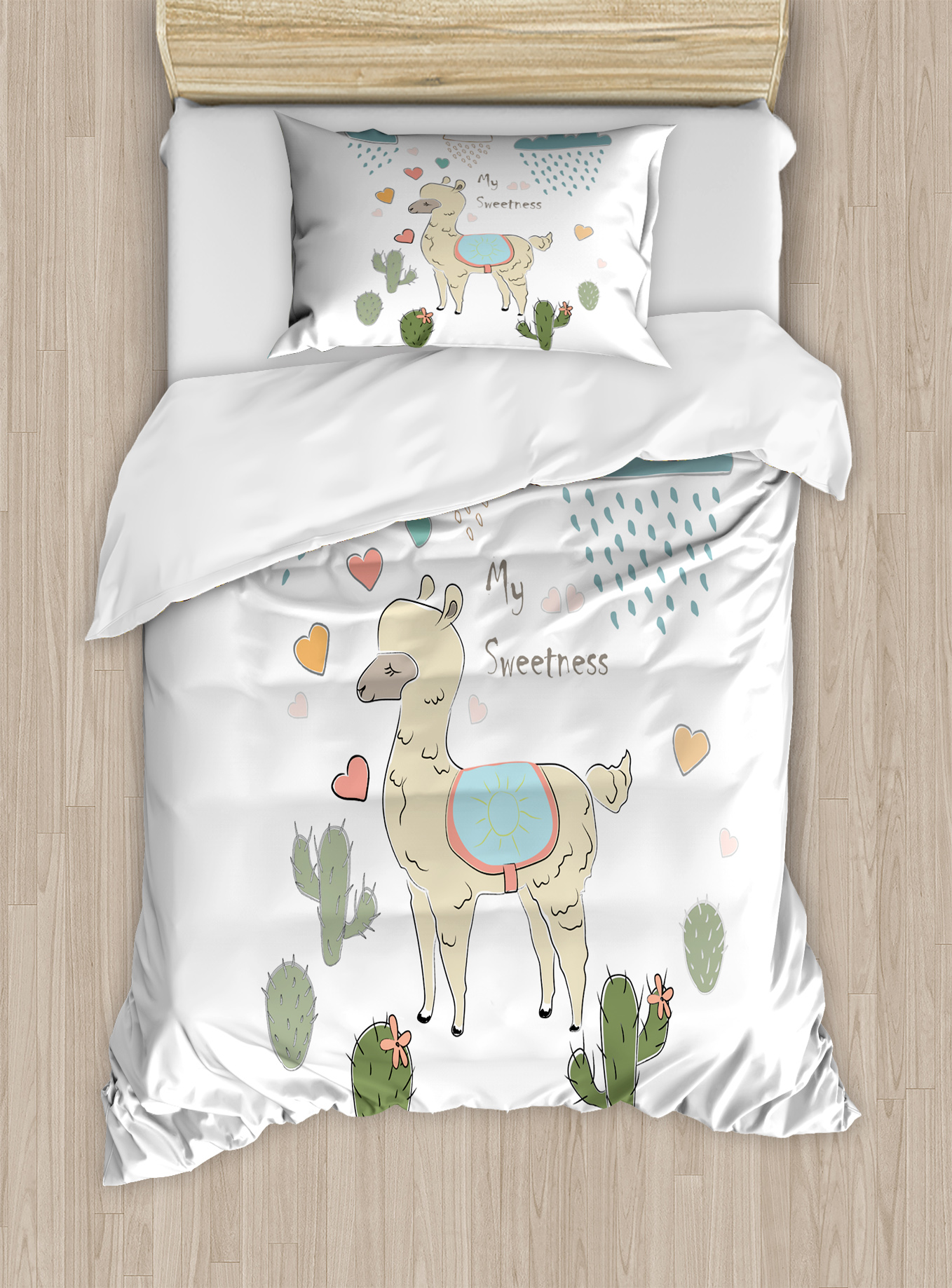 Llama Twin Size Duvet Cover Set, Cute Abstract Alpaca in the Rain with ...