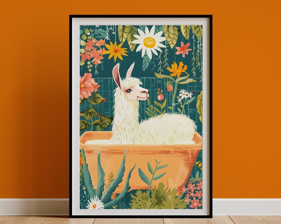Llama Wall Art, Animal Kids Room Print, Boho Jungle Bathtub Poster ...
