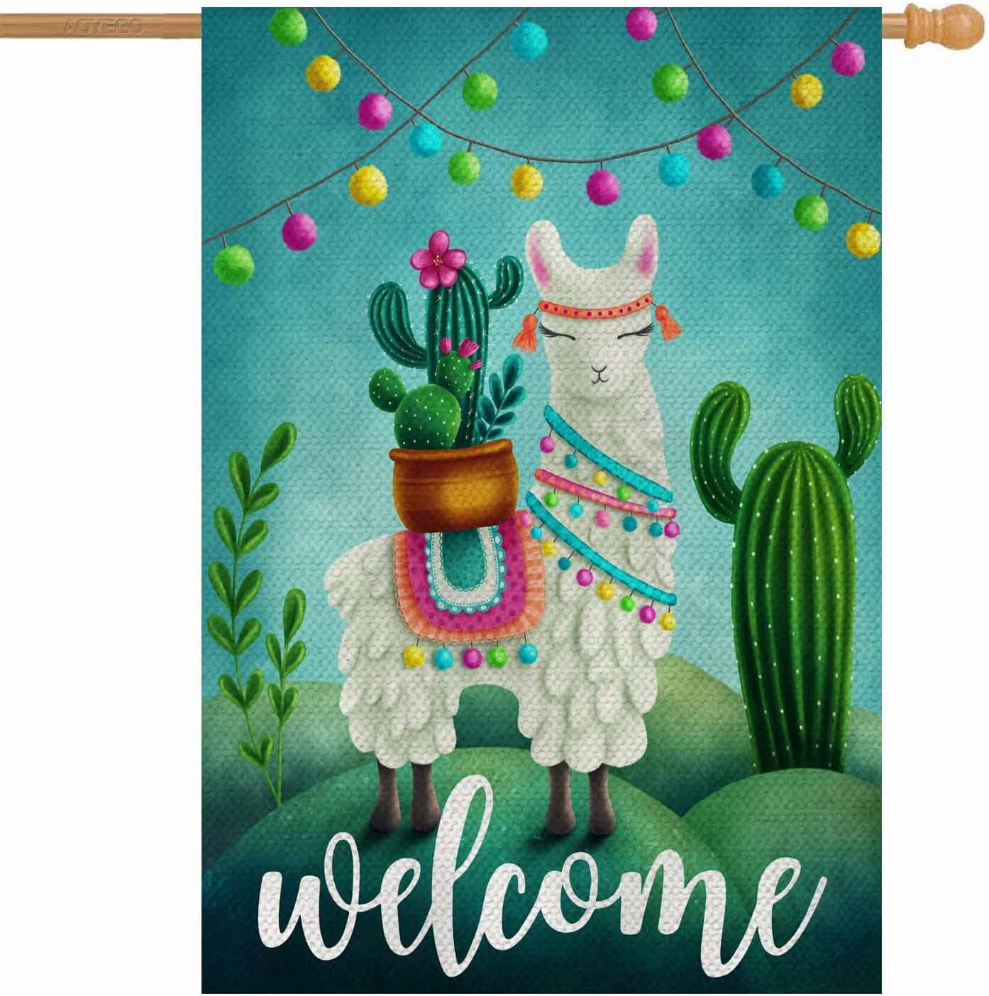 Llama Welcome Party House Flags 28 x 40 Double Sided Burlap Cute Llama ...