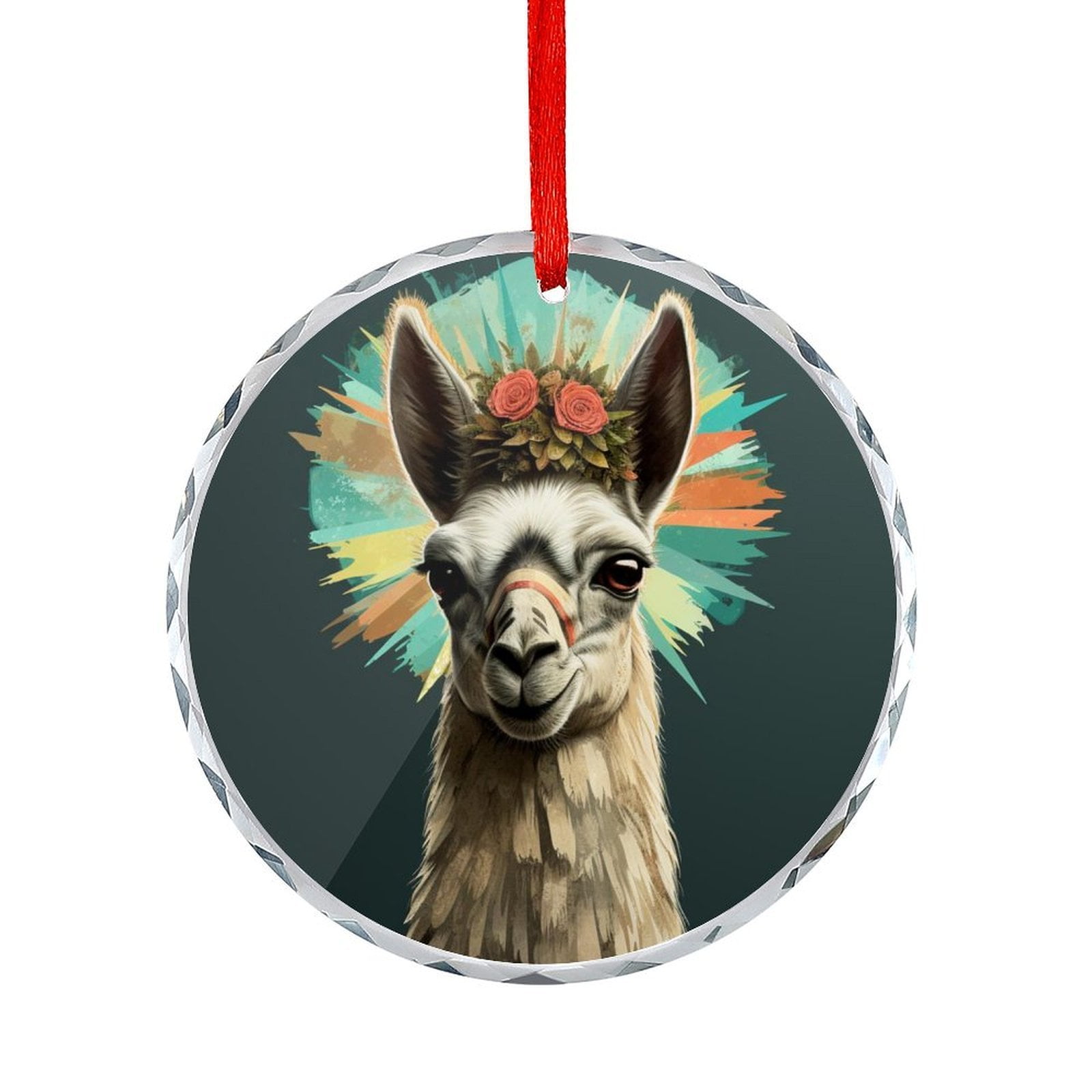 Llama With Flowers Crystal Glass Christmas Ornament Llama Cartoon Cute ...