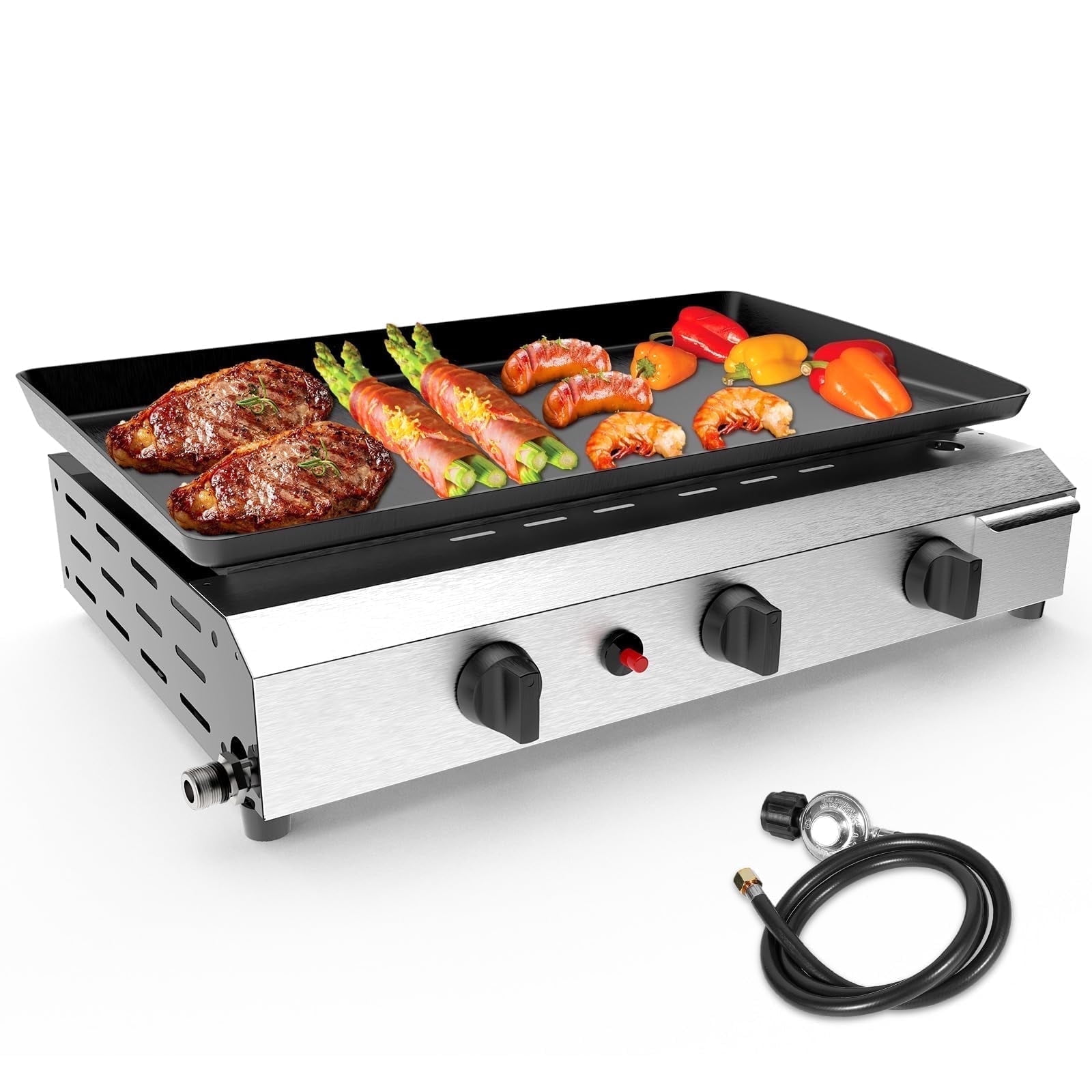 Frizi 30,000 BTU 3-Burner Flat Top Portable Propane Gas Grill with Auto ...