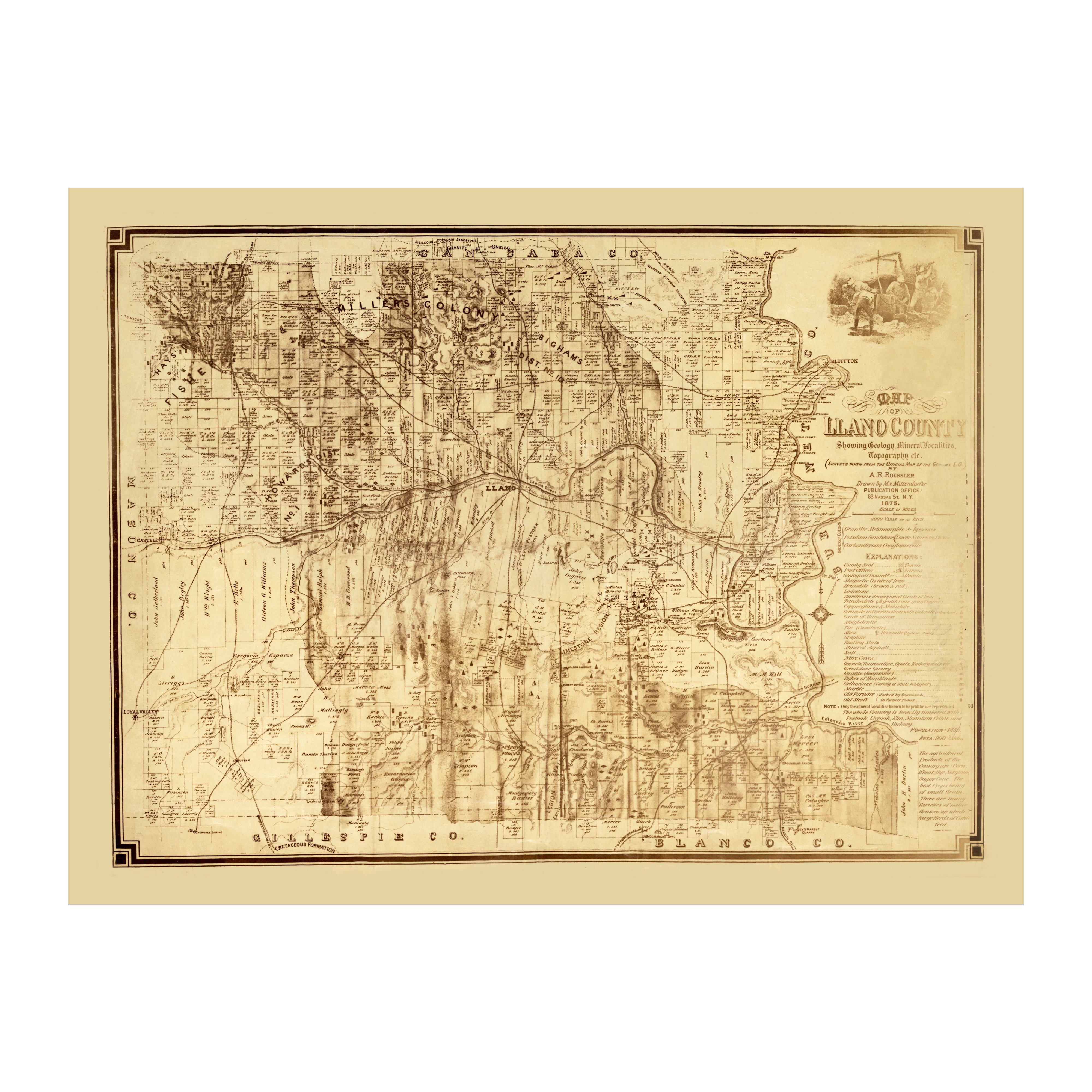 Llano County Texas Art, 1875 Vintage Map of Llano County TX History ...